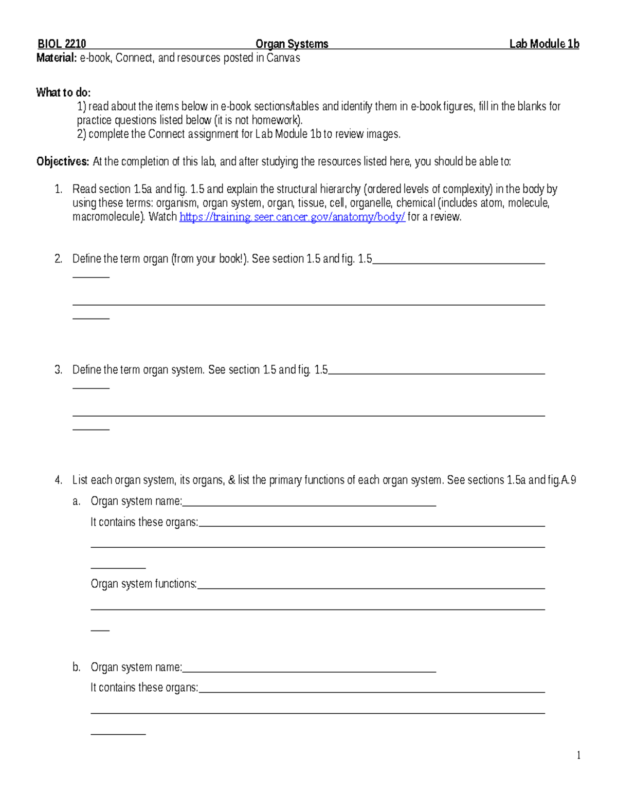 Lab 1B Organ Systems (instructions) - BIOL 2210 Organ Systems Lab Module 1b Material: e-book ...