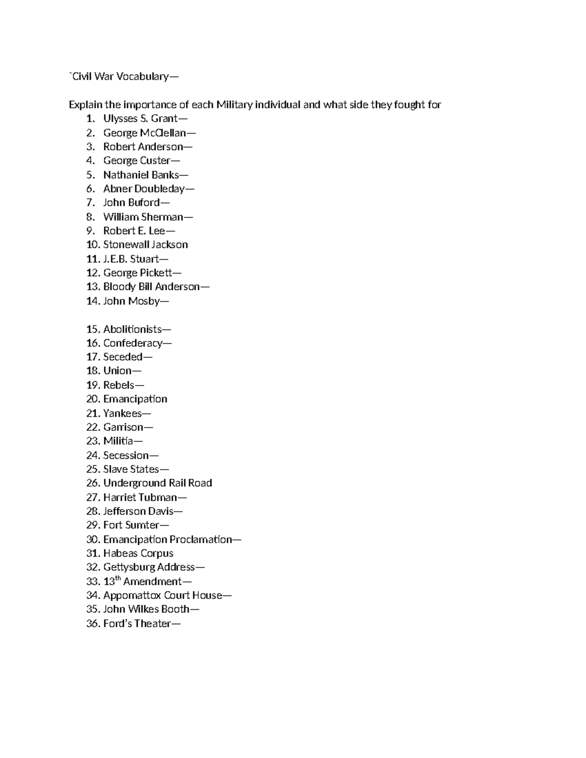 Civil War Vocabulary - `Civil War Vocabulary— Explain the importance of ...