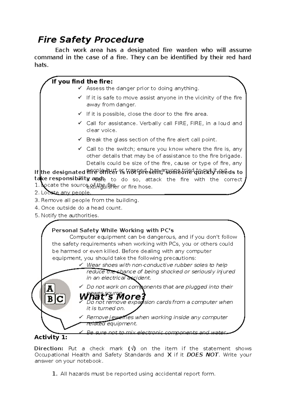 TLE ICT CSS 9 - wala - Fire Safety Procedure Each work area has a ...