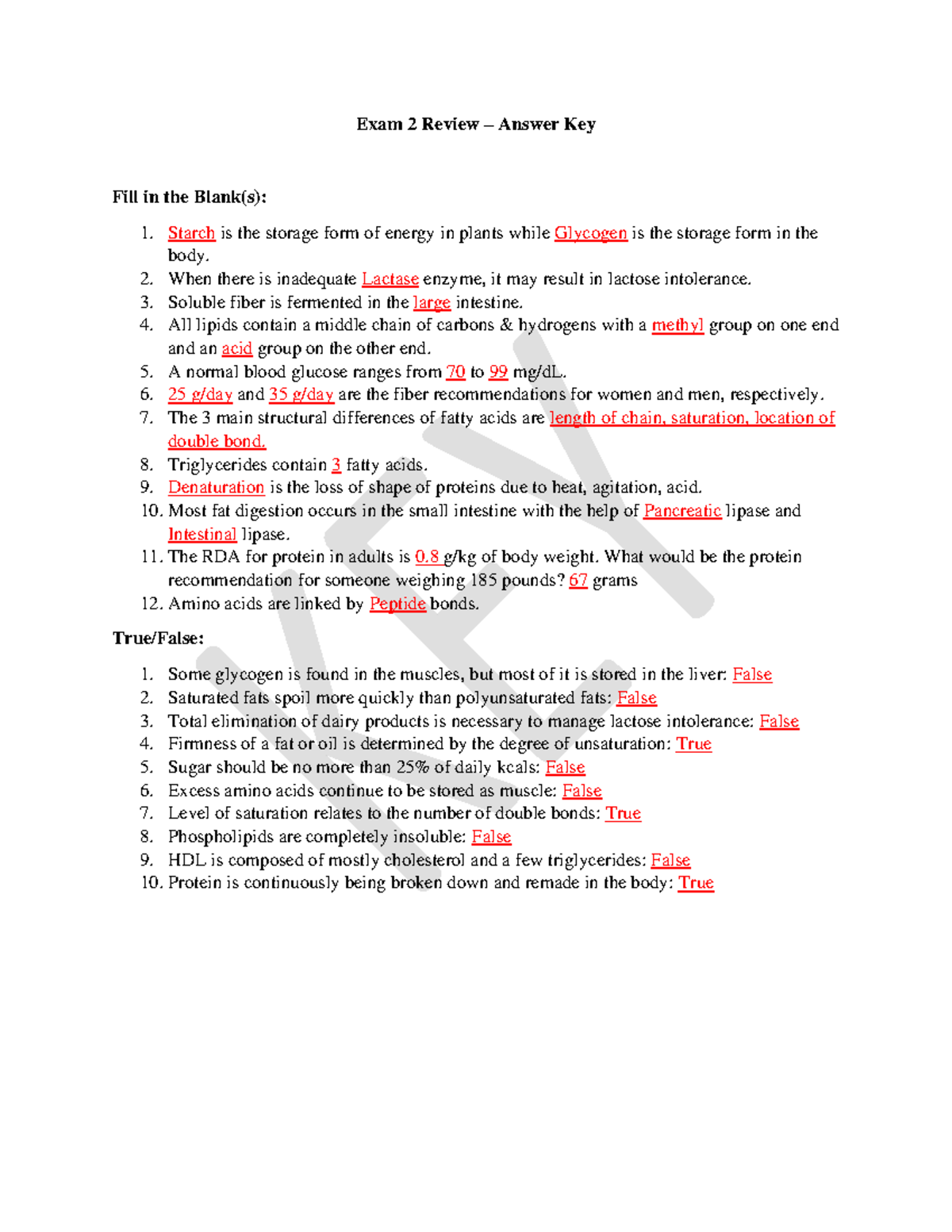 Exam 2 Review KEY - Helps - Exam 2 Review – Answer Key Fill in the ...