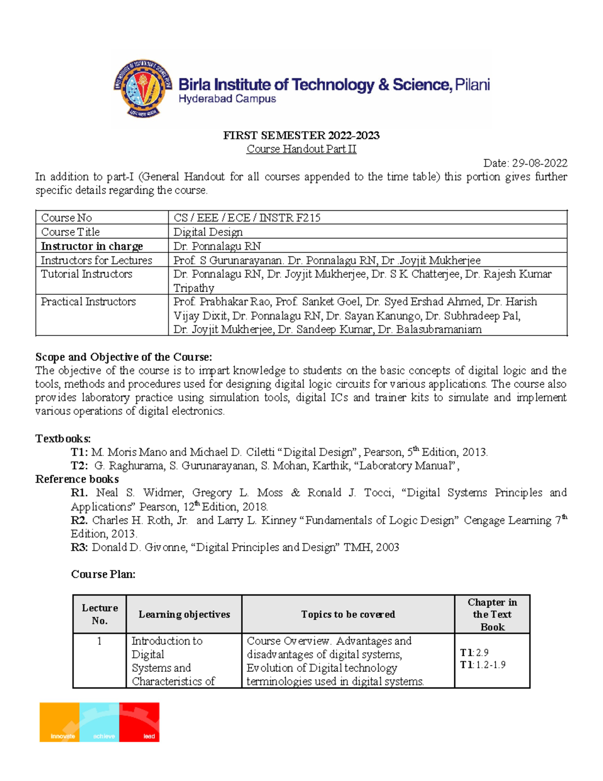 EEE(ECE)( Instr)(CS) F215 Digital Design Handout I Sem 2022-23 - FIRST SEMESTER 2022- Course ...