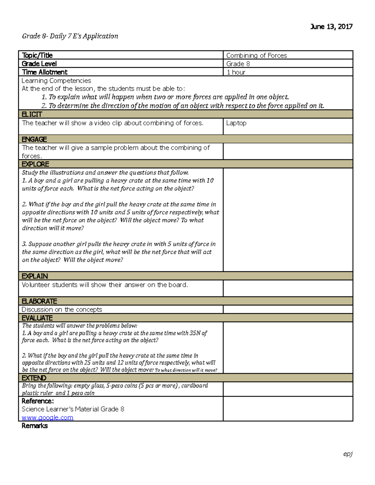 Daily Lesson Plan 8 - June 13, 2017 Grade 8- Daily 7 E’s Application ...