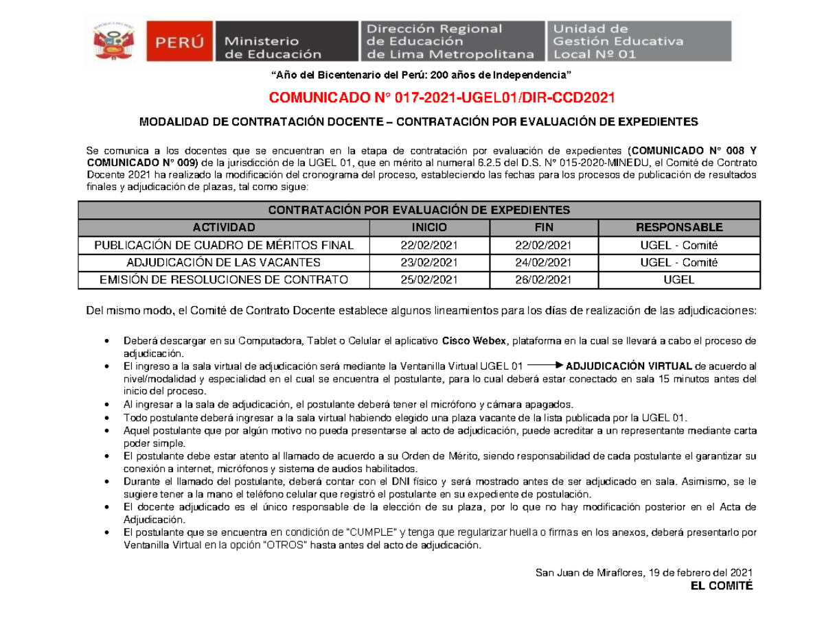 Comunicado N° 017 2021 UGEL01 DIR CCD 19 02 2021 - MATEMATICA - San Marcos - StuDocu