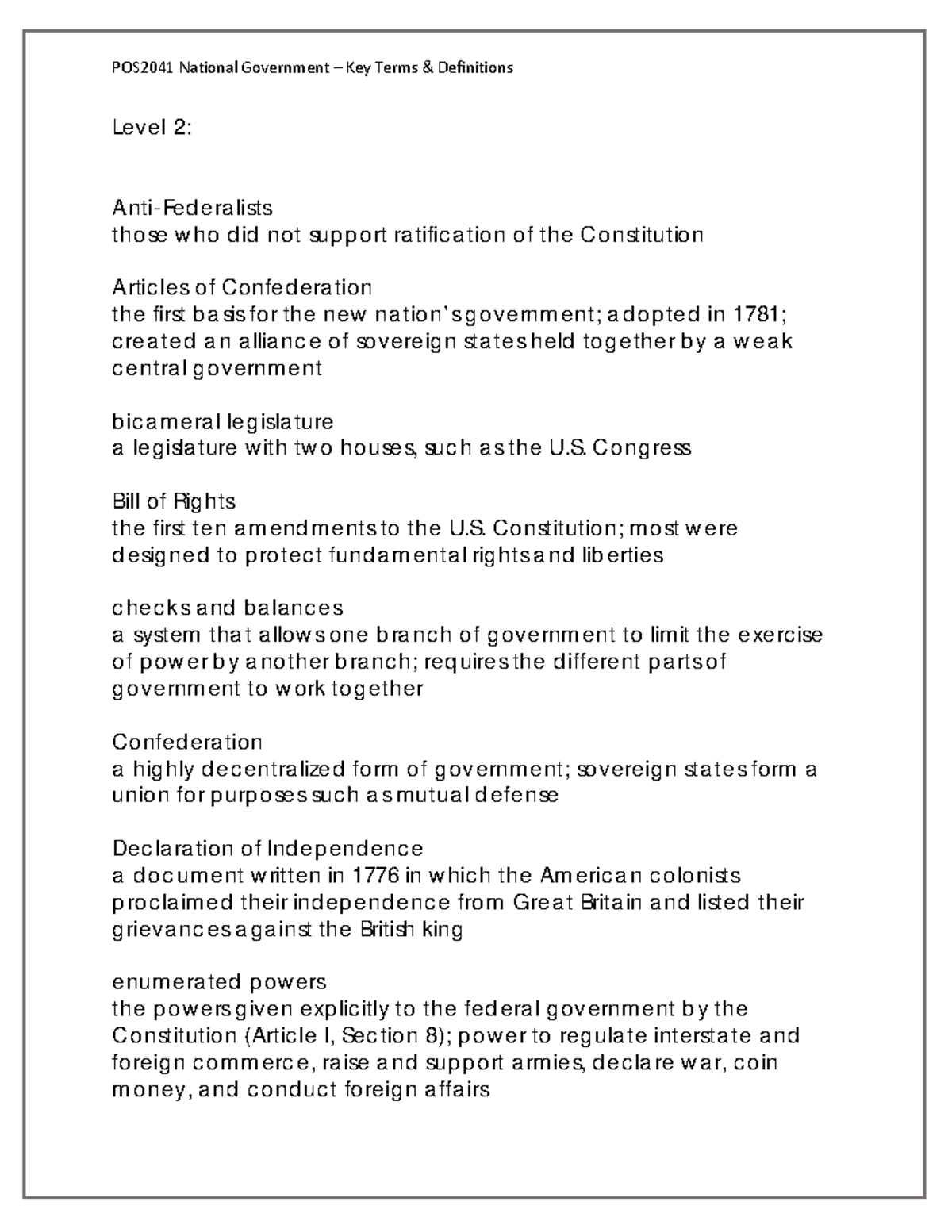 Quest 1 Level 02 Terms - happy - POS2041 National Government – Key ...