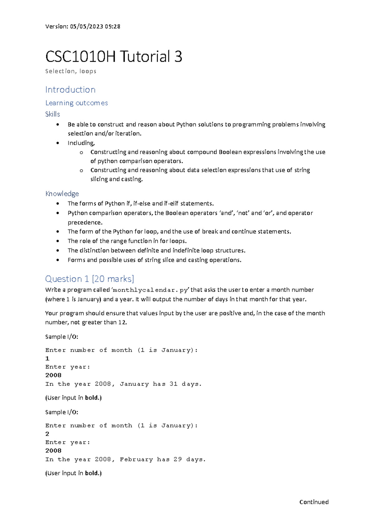 Assignment - Version: 05/05/2023 09: CSC1010H Tutorial 3 Selection, loops Introduction Learning ...
