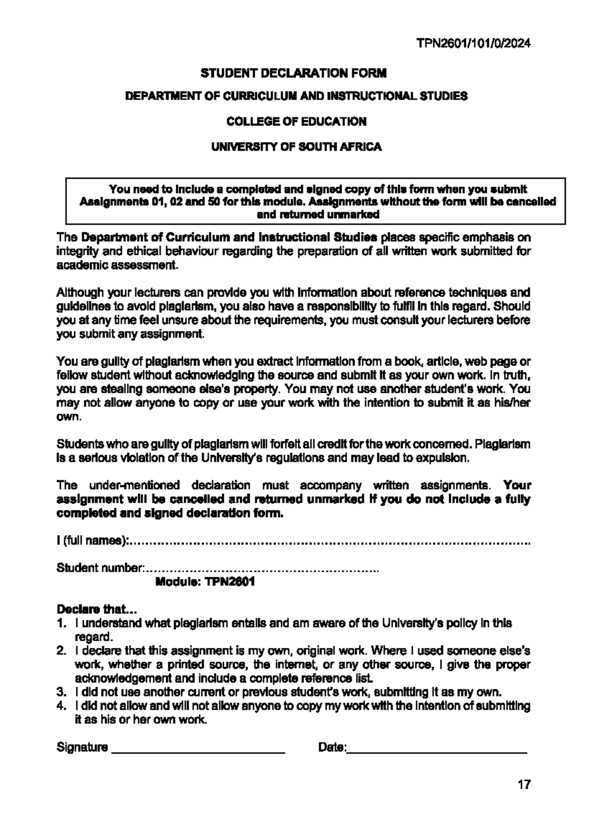 Declaration TPN - Tps2601 - Studocu