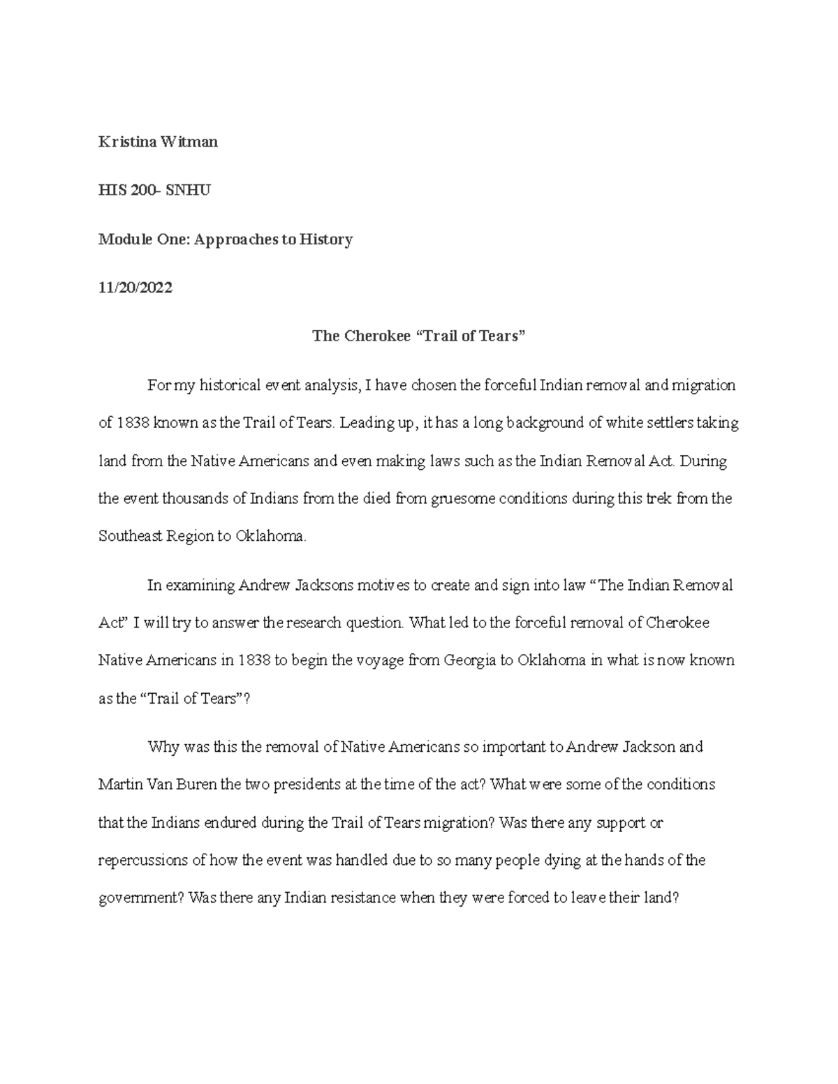 Trail of Tears Module 4 Writing Plan - Kristina Witman HIS 200- SNHU ...