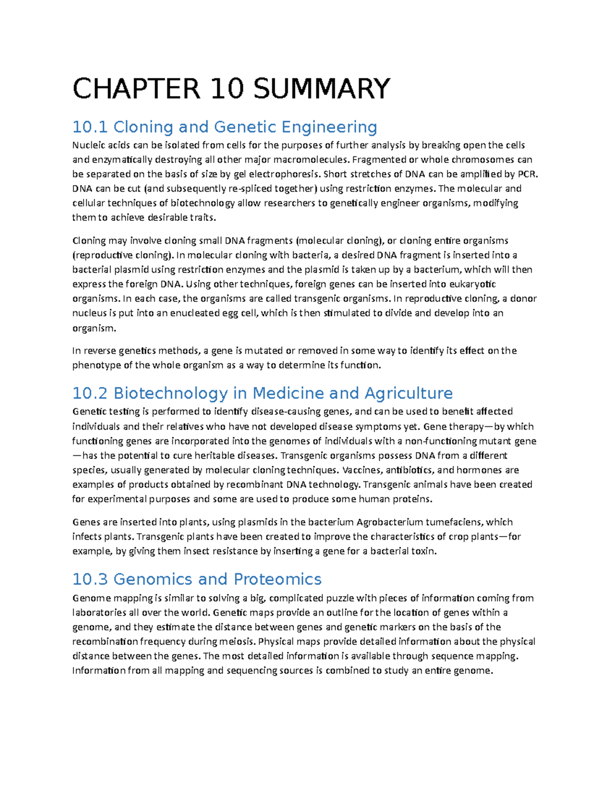 Chapter 10 Summary for the class - CHAPTER 10 SUMMARY 10 Cloning and ...