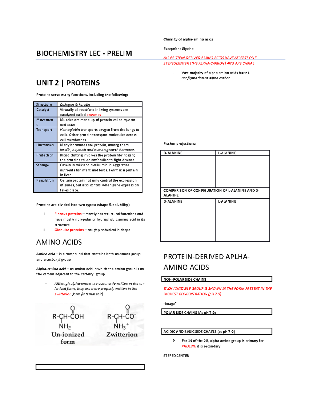 Biostats Prelim Reviewer - BIOCHEMISTRY LEC - PRELIM UNIT 2 | PROTEINS ...