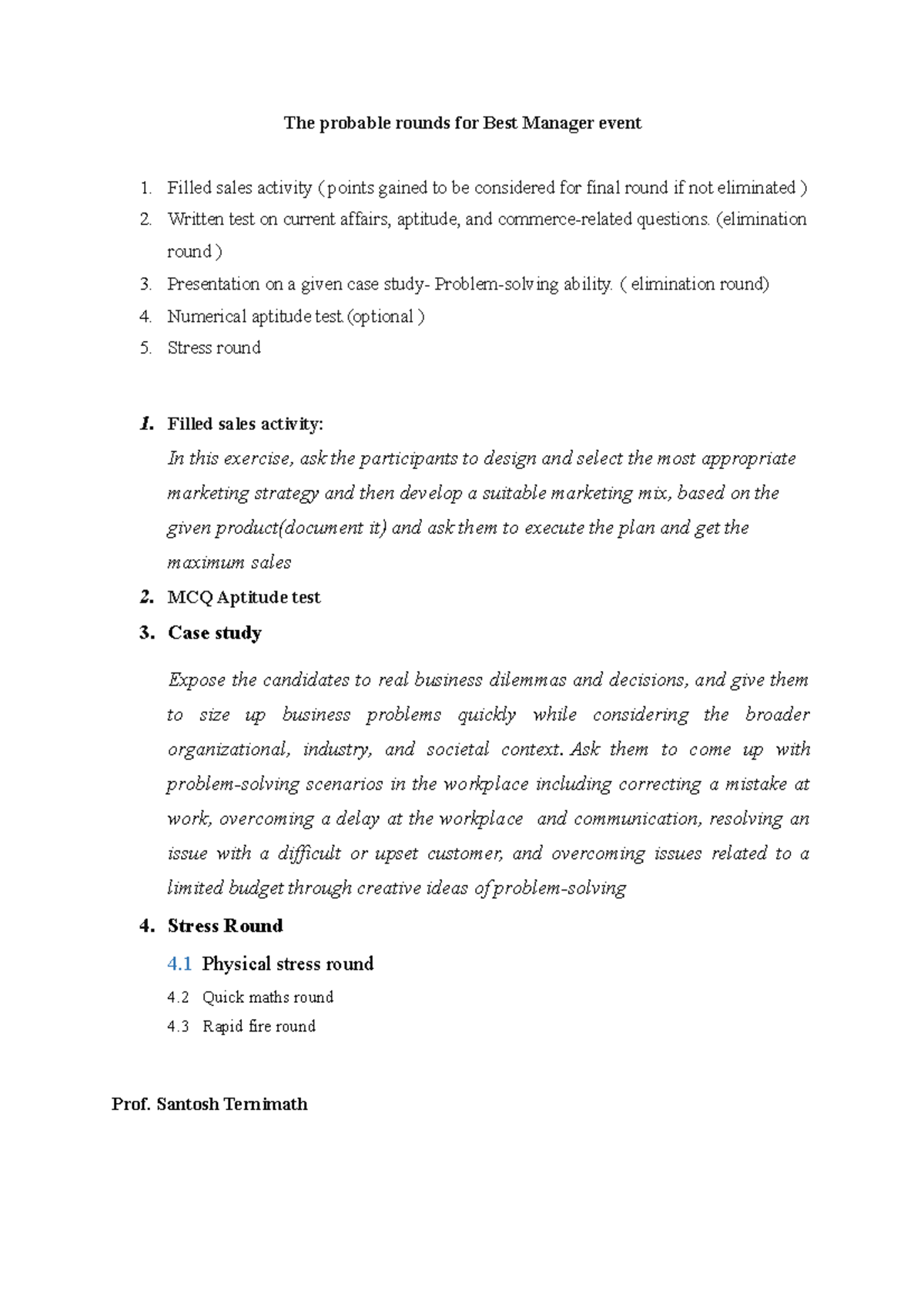 The probable rounds for Best Manager event - Filled sales activity ...