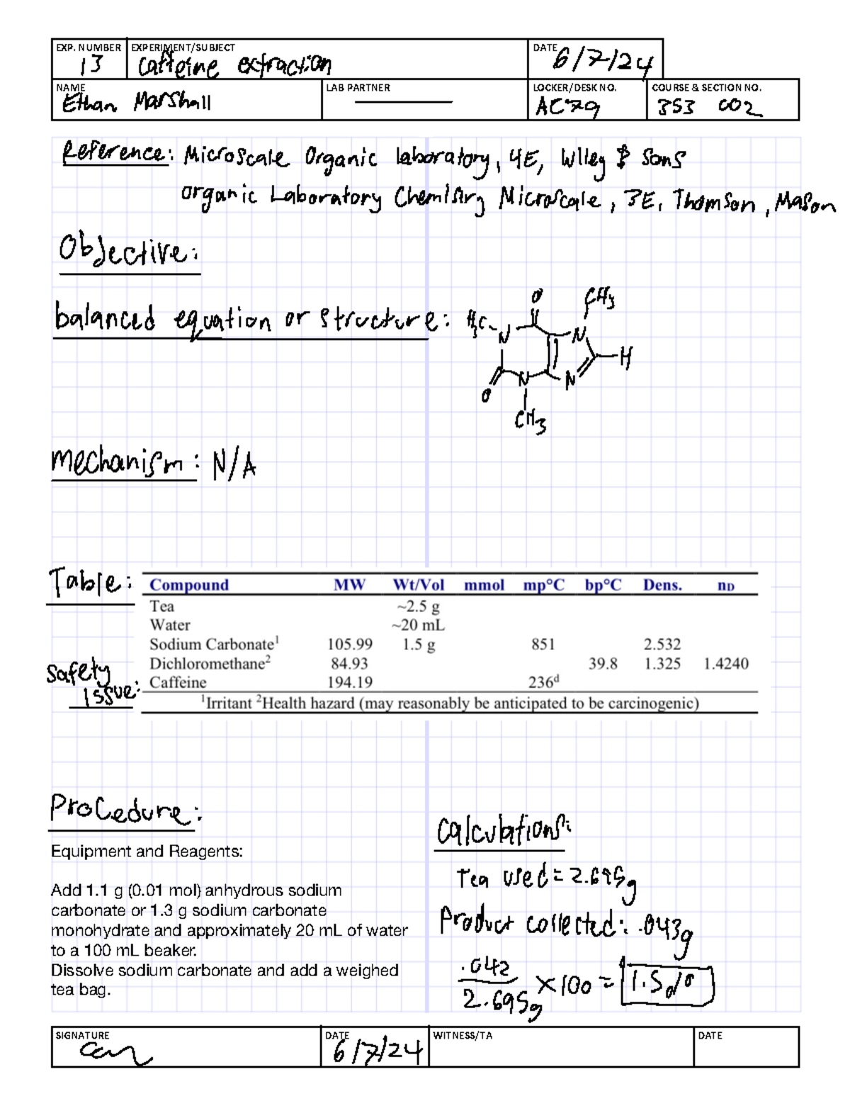 CAF - lab report - SIGNATURE DATE WITNESS/TA DATE EXP. NUMBER EXPERIMENT/SUBJECT DATE NAME LAB ...