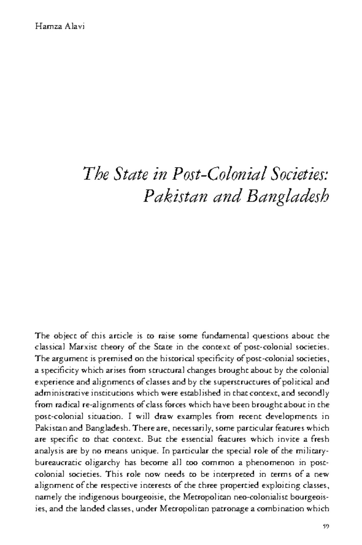 IV. 3 Hamza Alavi - Postcolonial State - Hamza Alavi The State in Post ...
