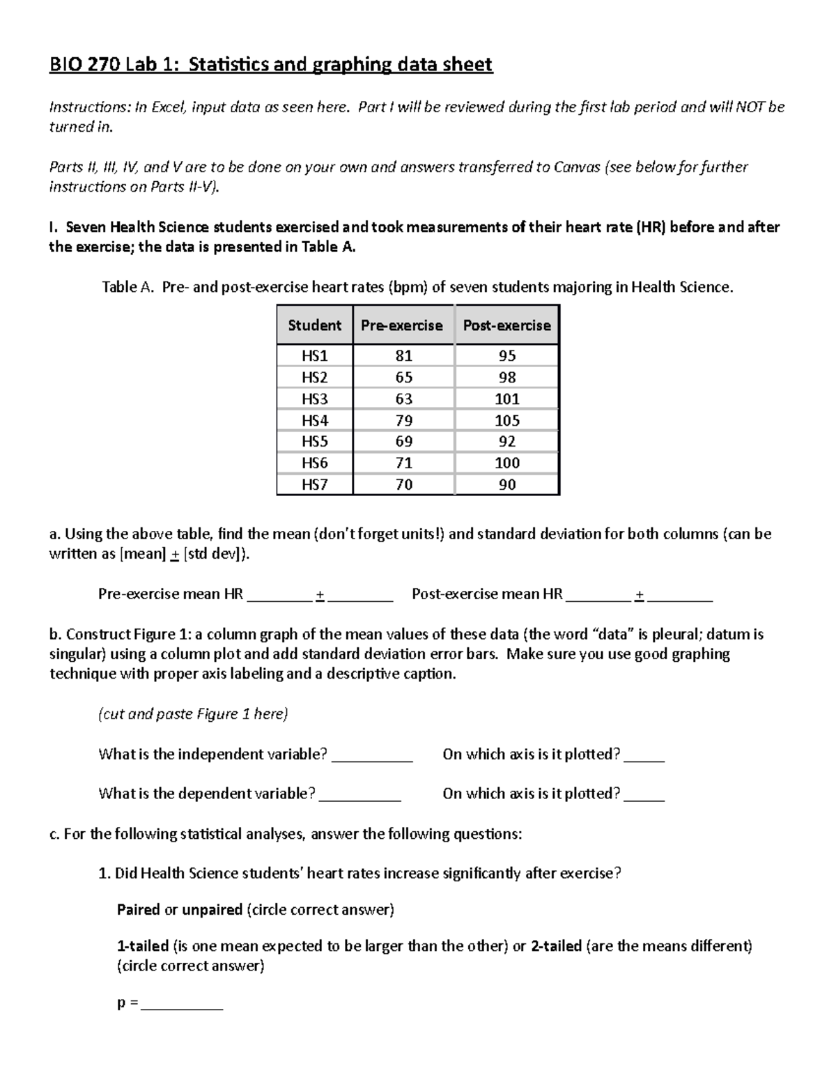 Stats and graphing worksheet - BIO 270 Lab 1: Statistics and graphing data sheet Instructions ...