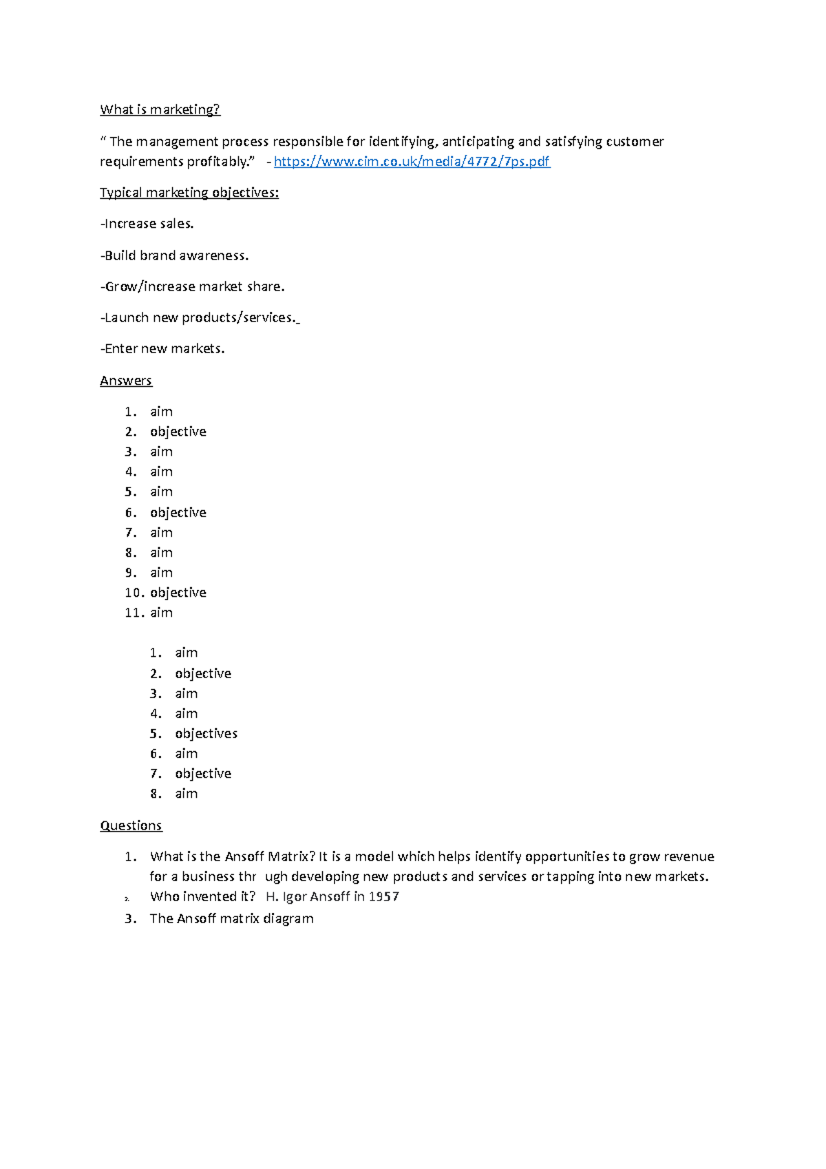Unit 2 marketing principles notes - What is marketing? “ The management ...