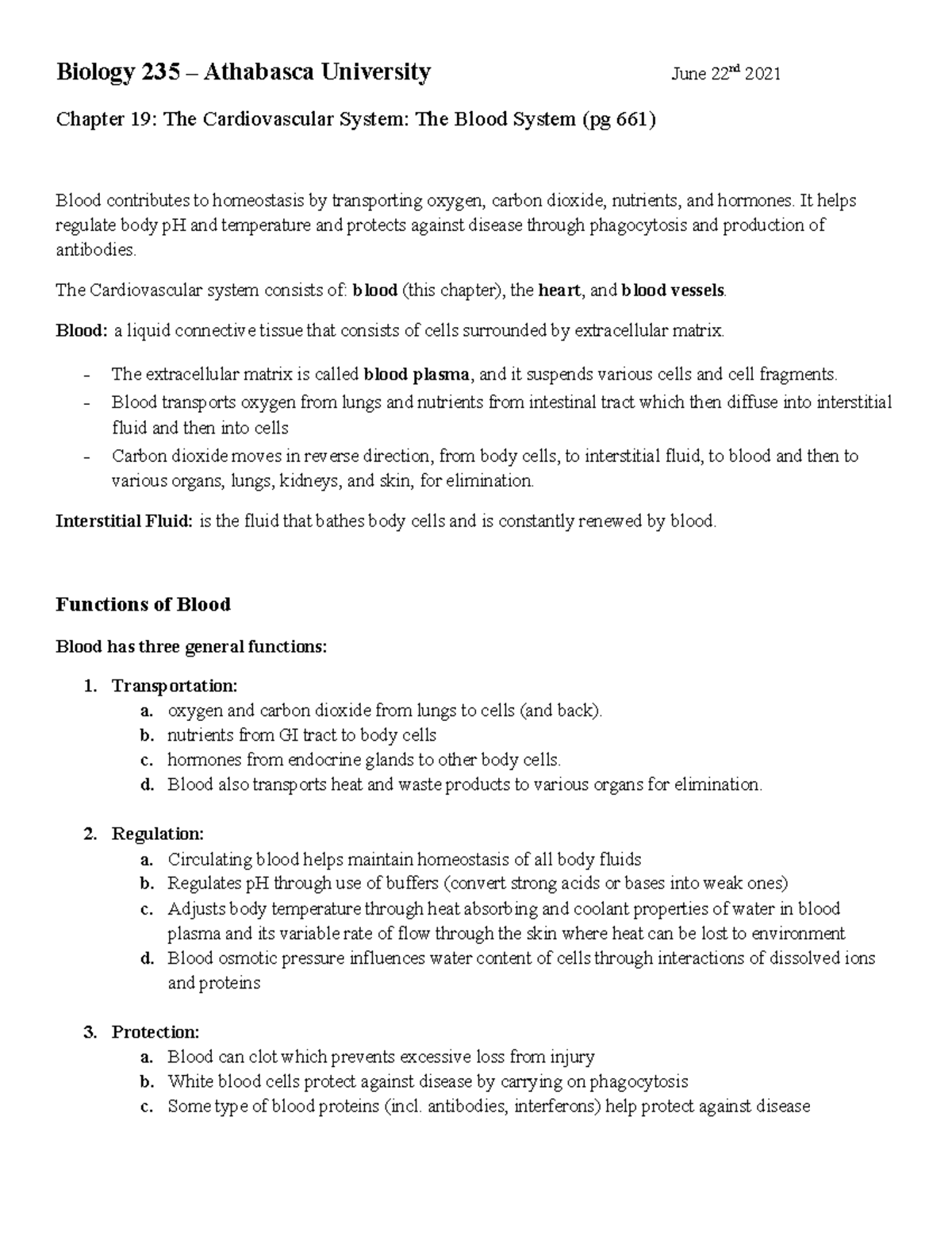 Notes Chapter 19 The Cardiovascular System The Blood - Biology 235 ...
