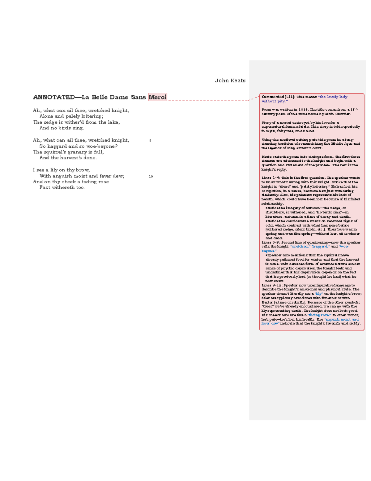 Annotated-La Belle Dame Sans Merci - John Keats ANNOTATED—La Belle Dame ...