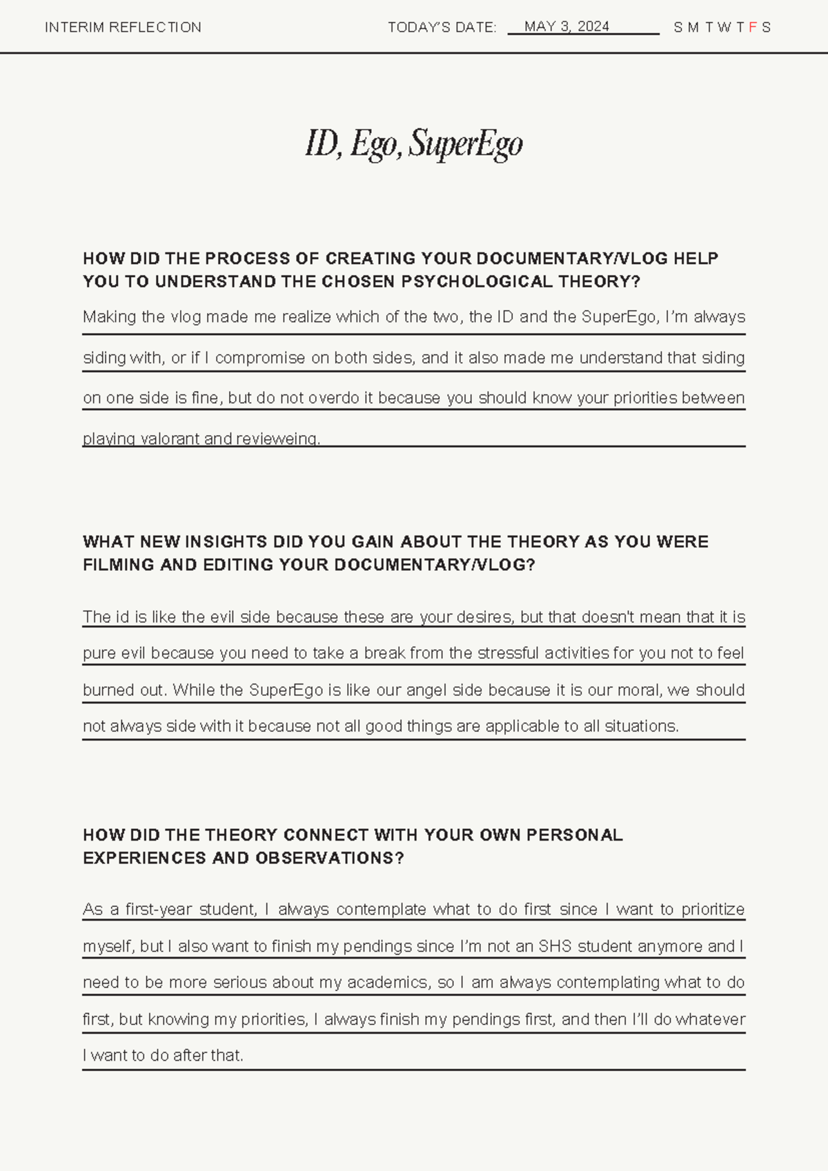 ID, Ego, Super Ego - ID, Ego, SuperEgo INTERIM REFLECTION TODAY’S DATE ...