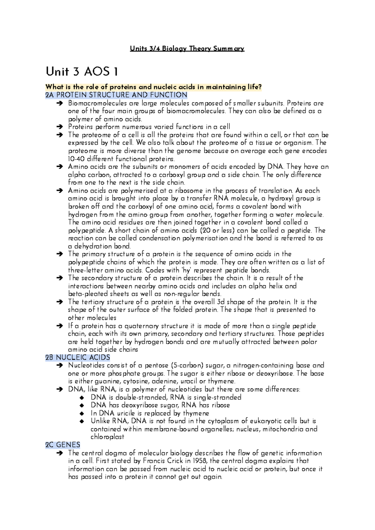 3 4 Biology Theory Summary - Google Docs - Units 3/4 Biology Theory ...