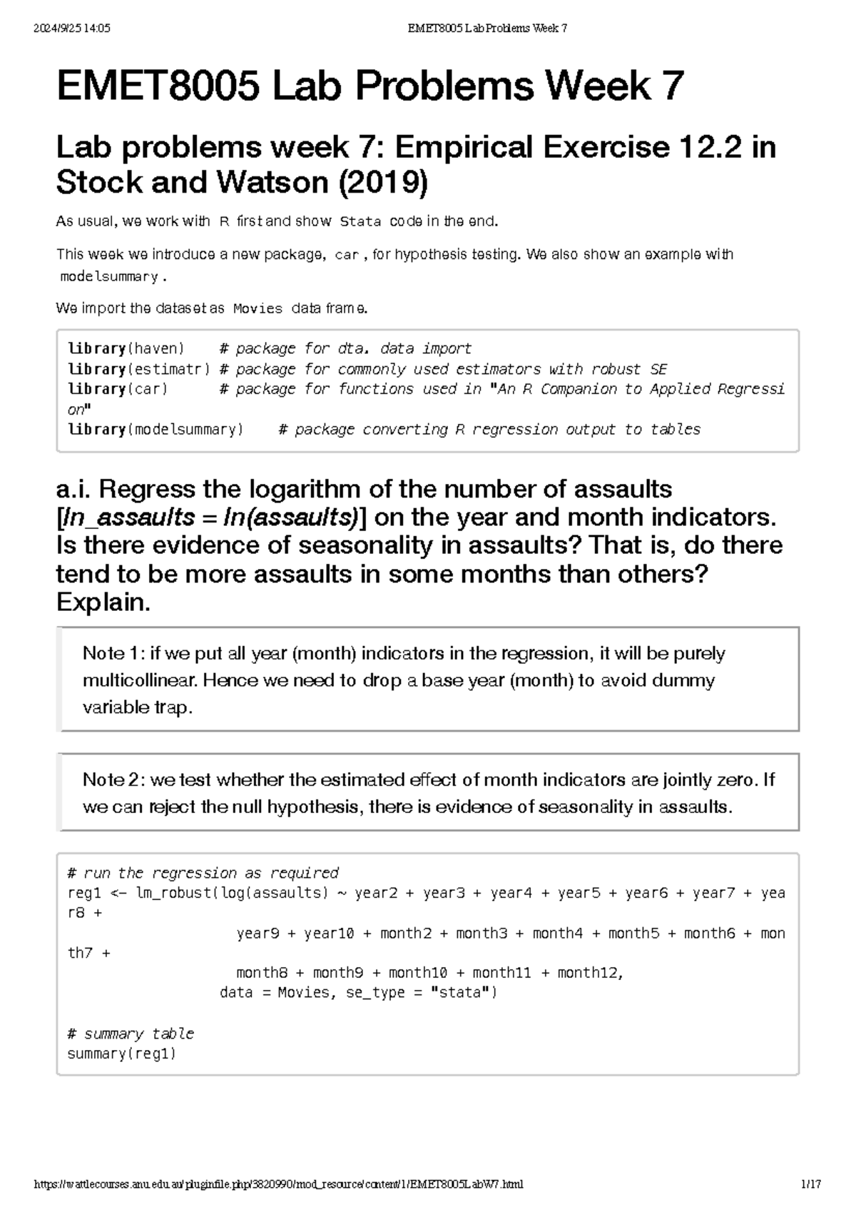 EMET8005 Lab Problems Week 7 Answer - EMET8005 Lab Problems Week 7 Lab ...