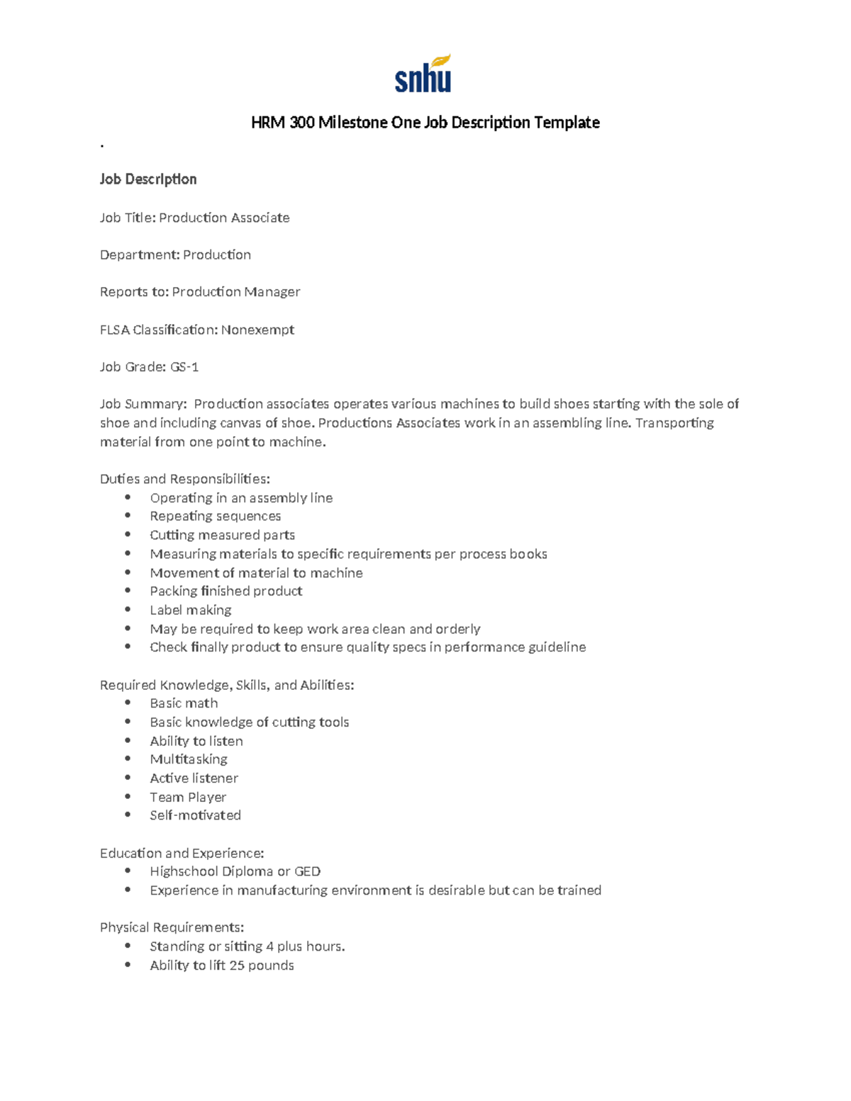 HRM 300 Milestone One Job Description, Posting and Interview Questions ...