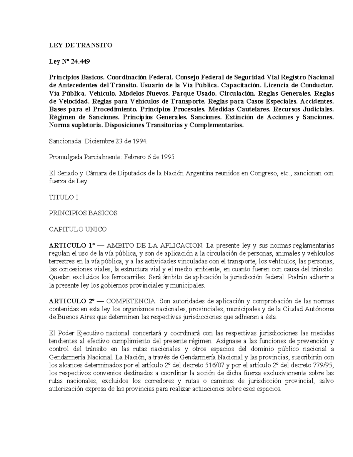 LEY Nacional DE Transito 24 - LEY DE TRANSITO Ley Nº 24. Principios ...