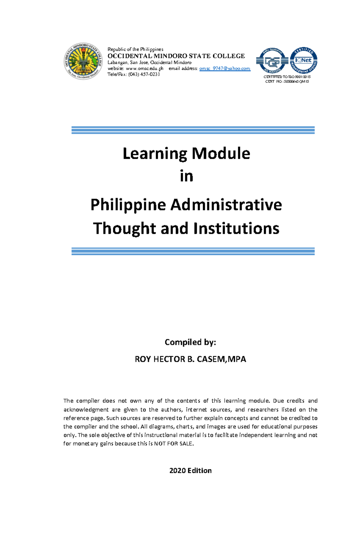 Administrative thought and instituions module - Compiled by: ROY HECTOR B. CASEM,MPA The ...