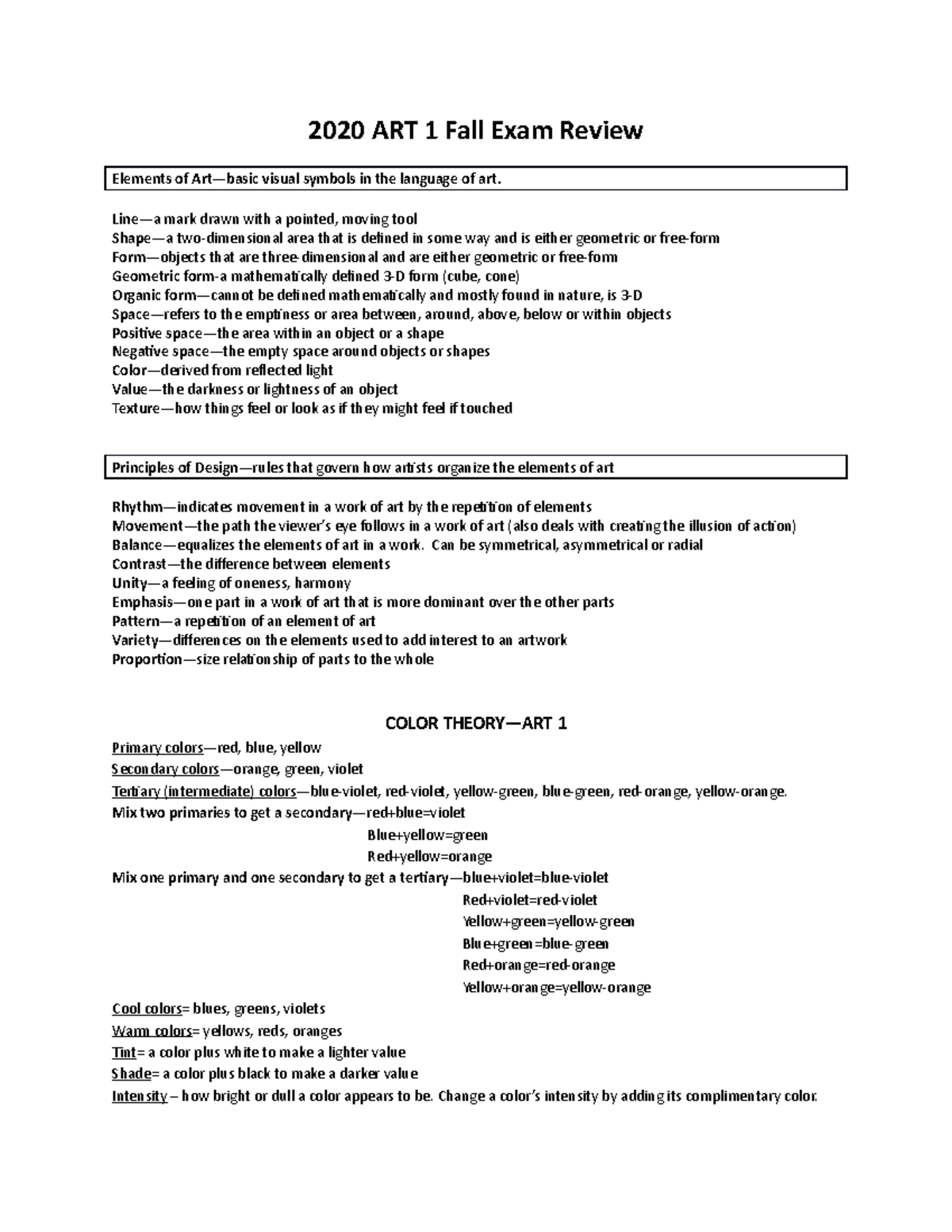 2020 ART 1 Fall Exam Review - 2020 ART 1 Fall Exam Review Elements of ...