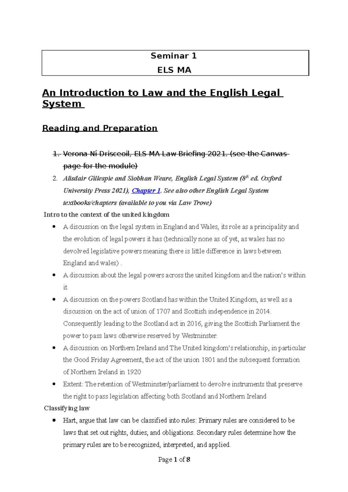 ELS Seminar 1 - Seminar 1 ELS MA An Introduction to Law and the English ...