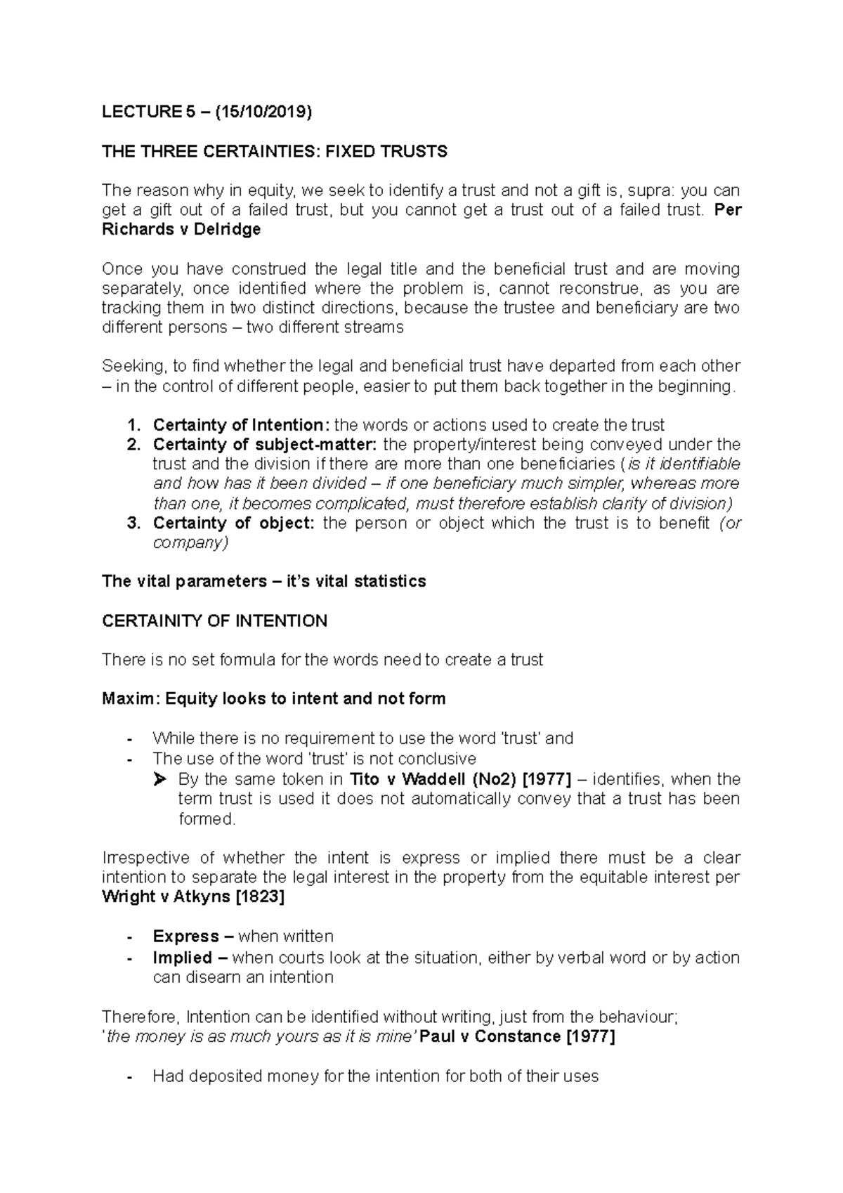 Lecture 5 - LECTURE 5 – (15/10/2019) THE THREE CERTAINTIES: FIXED TRUSTS The reason why in ...