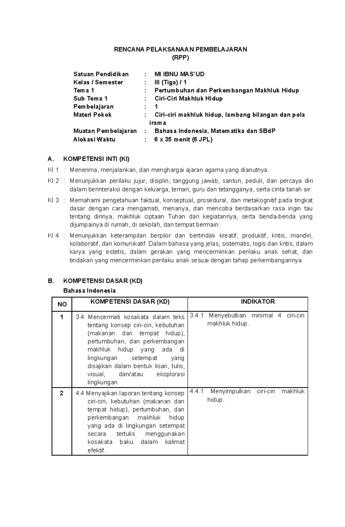 RPP K3 TEMA 1 ST 1 - RPP Kelas 3 - RENCANA PELAKSANAAN PEMBELAJARAN (RPP) Satuan Pendidikan : MI ...