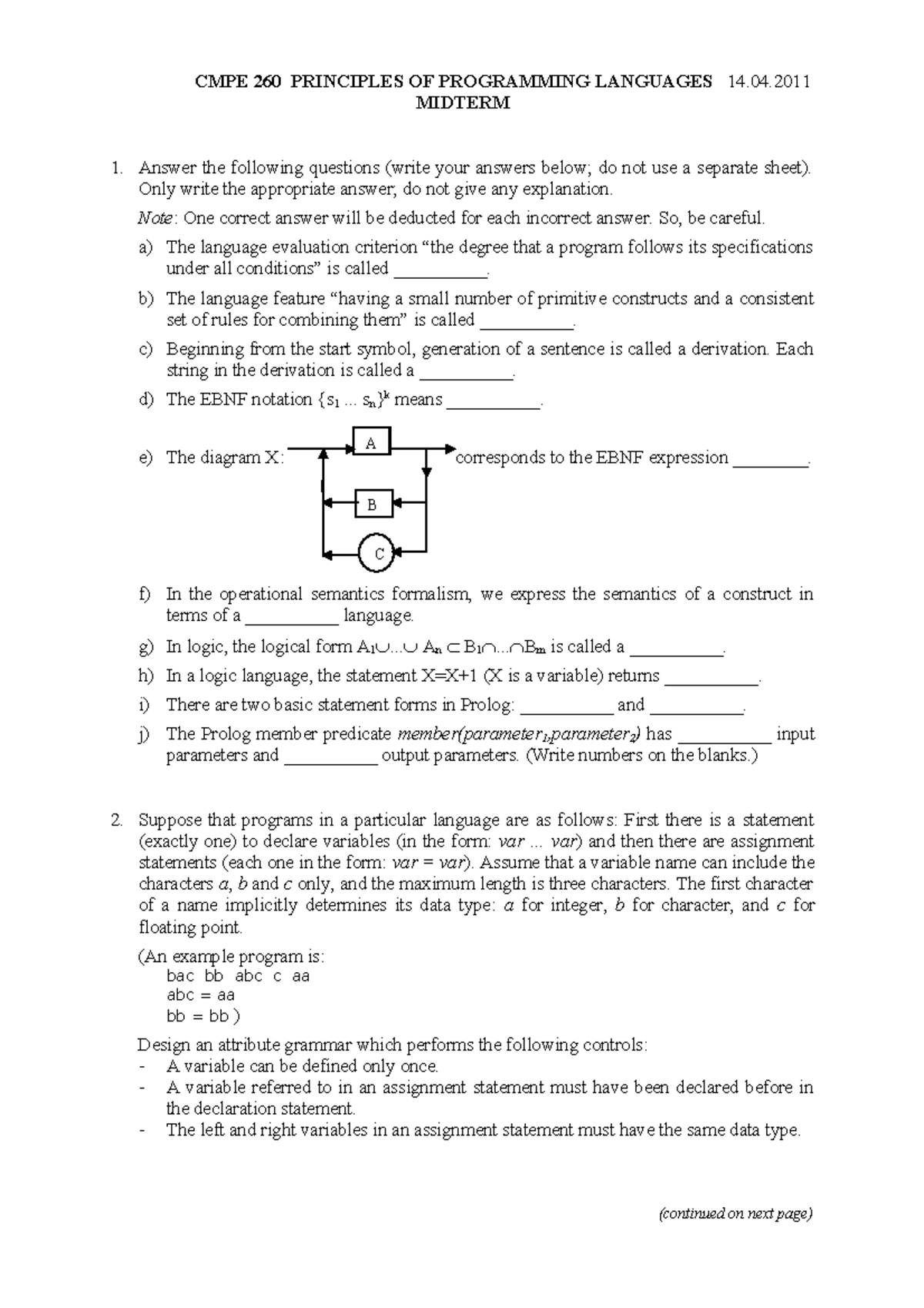 2011 Midterm questions - CMPE 260 PRINCIPLES OF PROGRAMMING LANGUAGES ...