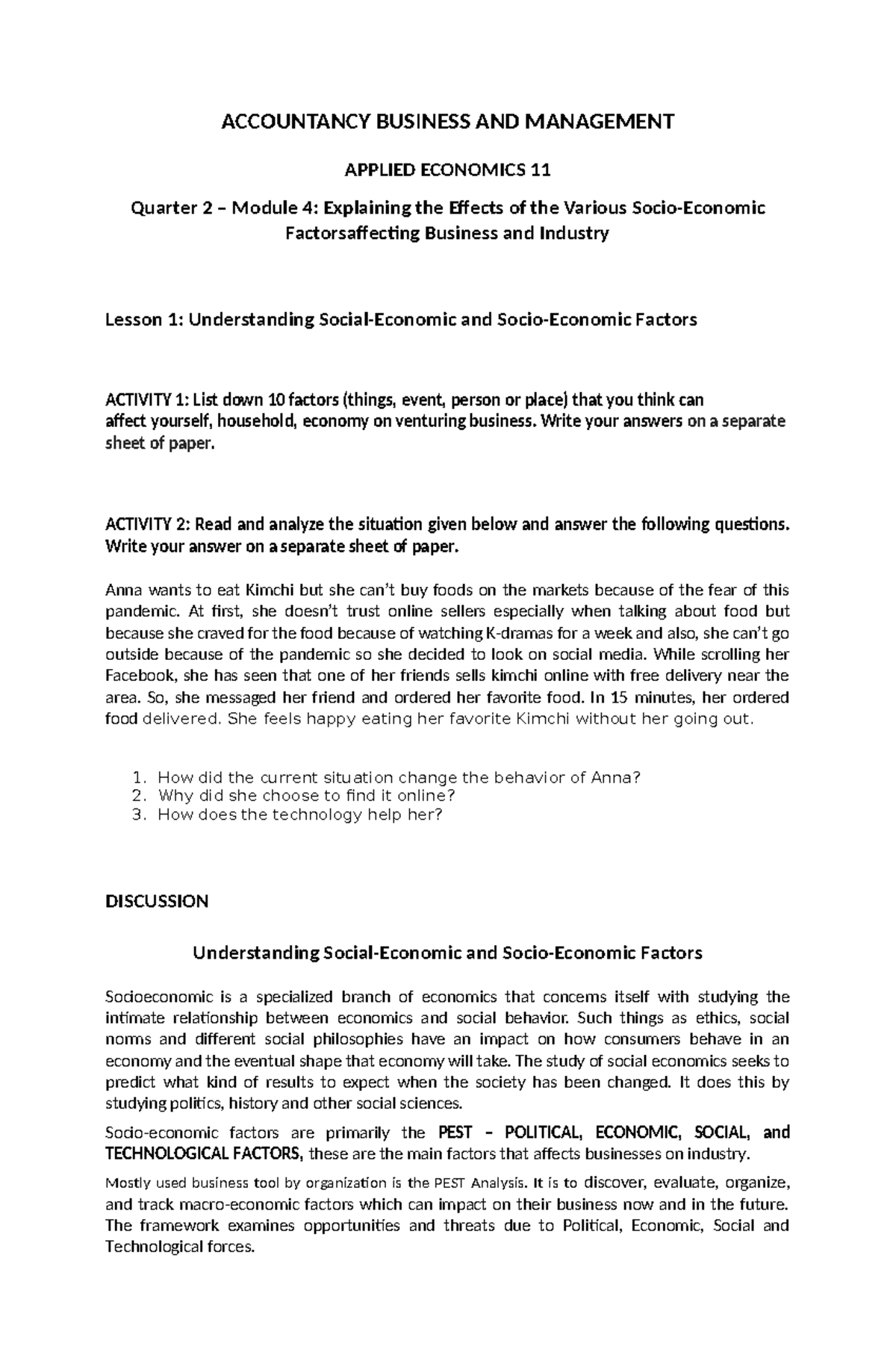 ABM11- Applied ECON. Activity 2 - ACCOUNTANCY BUSINESS AND MANAGEMENT APPLIED ECONOMICS 11 ...