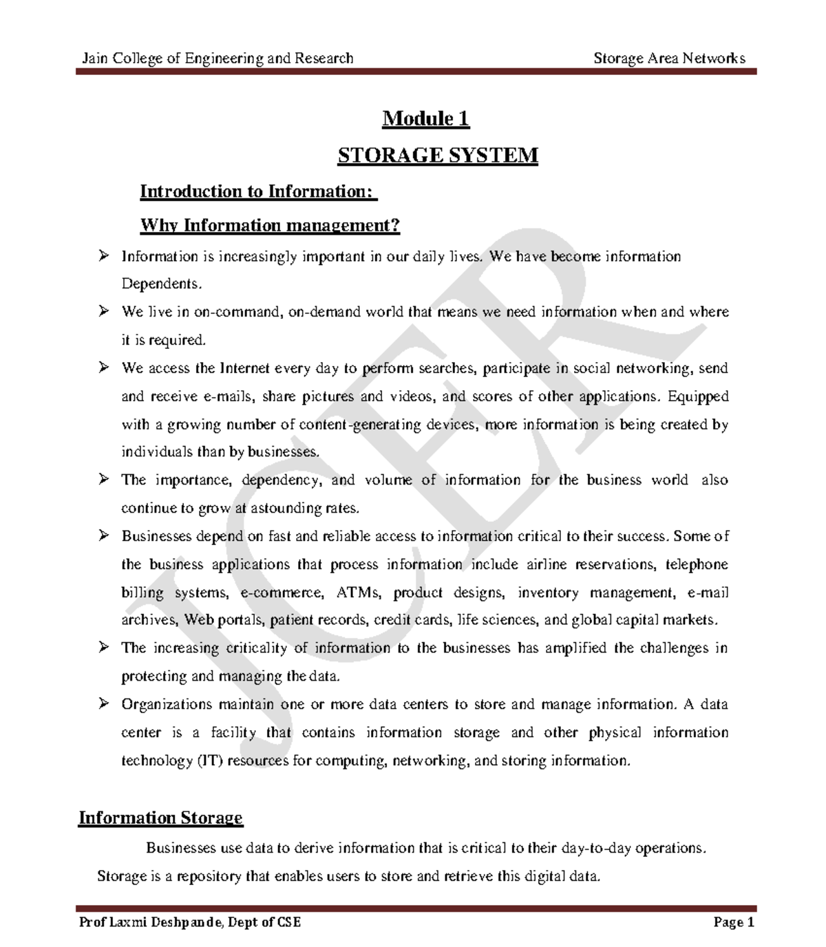 SAN Module 1 - Module 1 STORAGE SYSTEM Introduction to Information: Why Information management ...