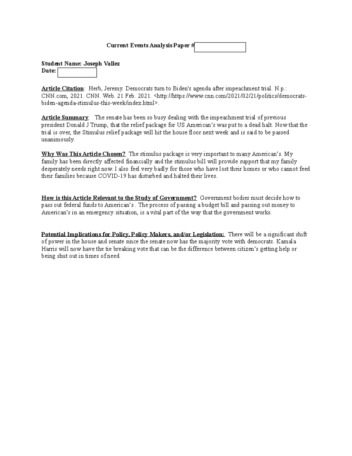 Current events 2 joseph - Current Events Analysis Paper # Student Name ...