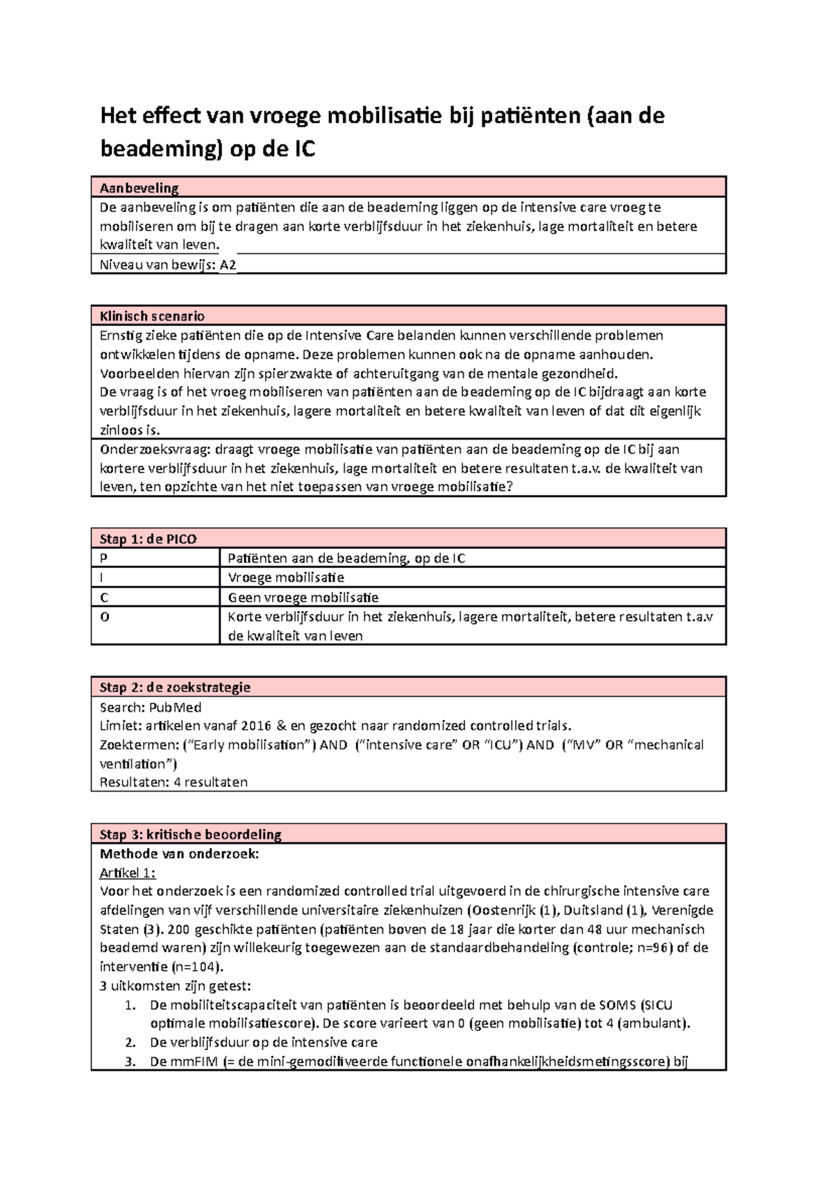CAT - CAT (critical appraised topic) - het effect van vroege ...