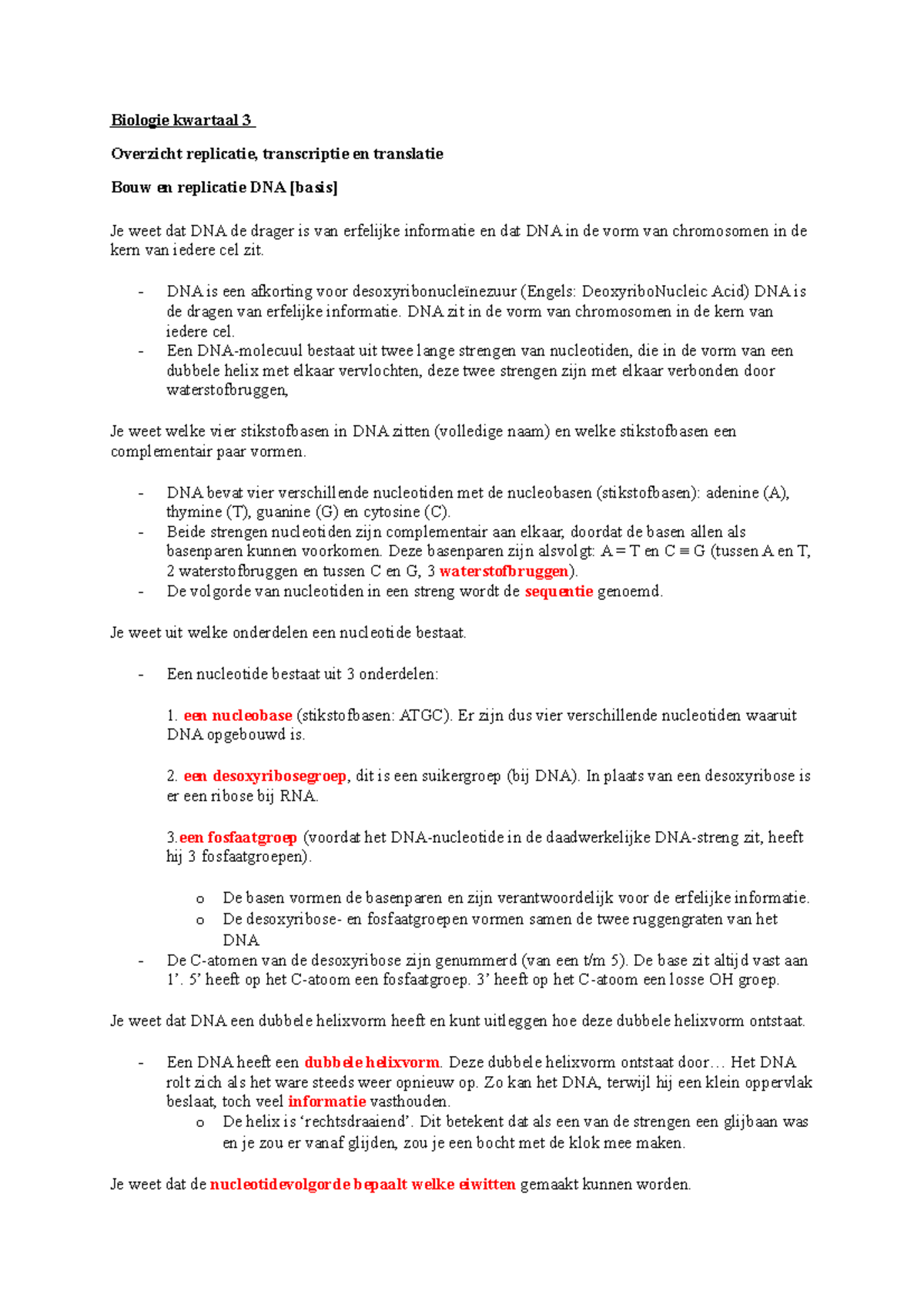 Leerdoelen Biologie irene - Biologie kwartaal 3 Overzicht replicatie ...