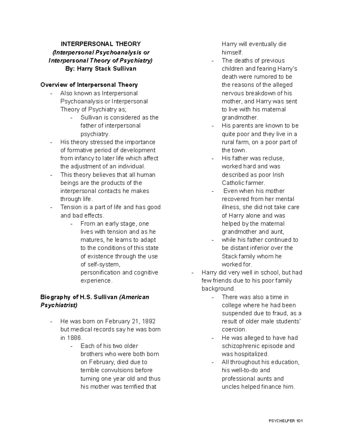 H.S. Sullivan - Reviewers for Theories of Personality. - INTERPERSONAL ...