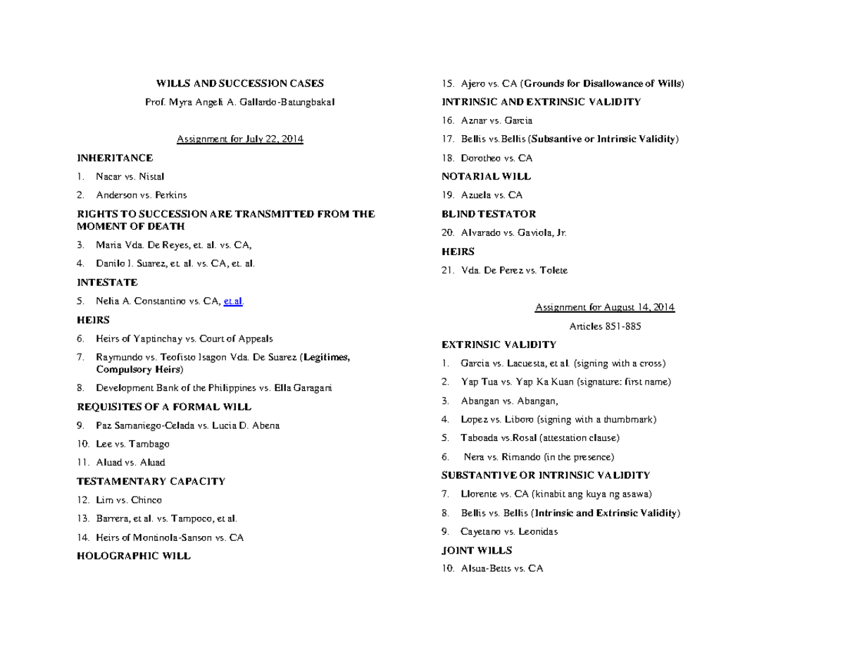 240834102 Civil LAW Wills and Succession Case Compilation - WILLS AND SUCCESSION CASES Prof ...
