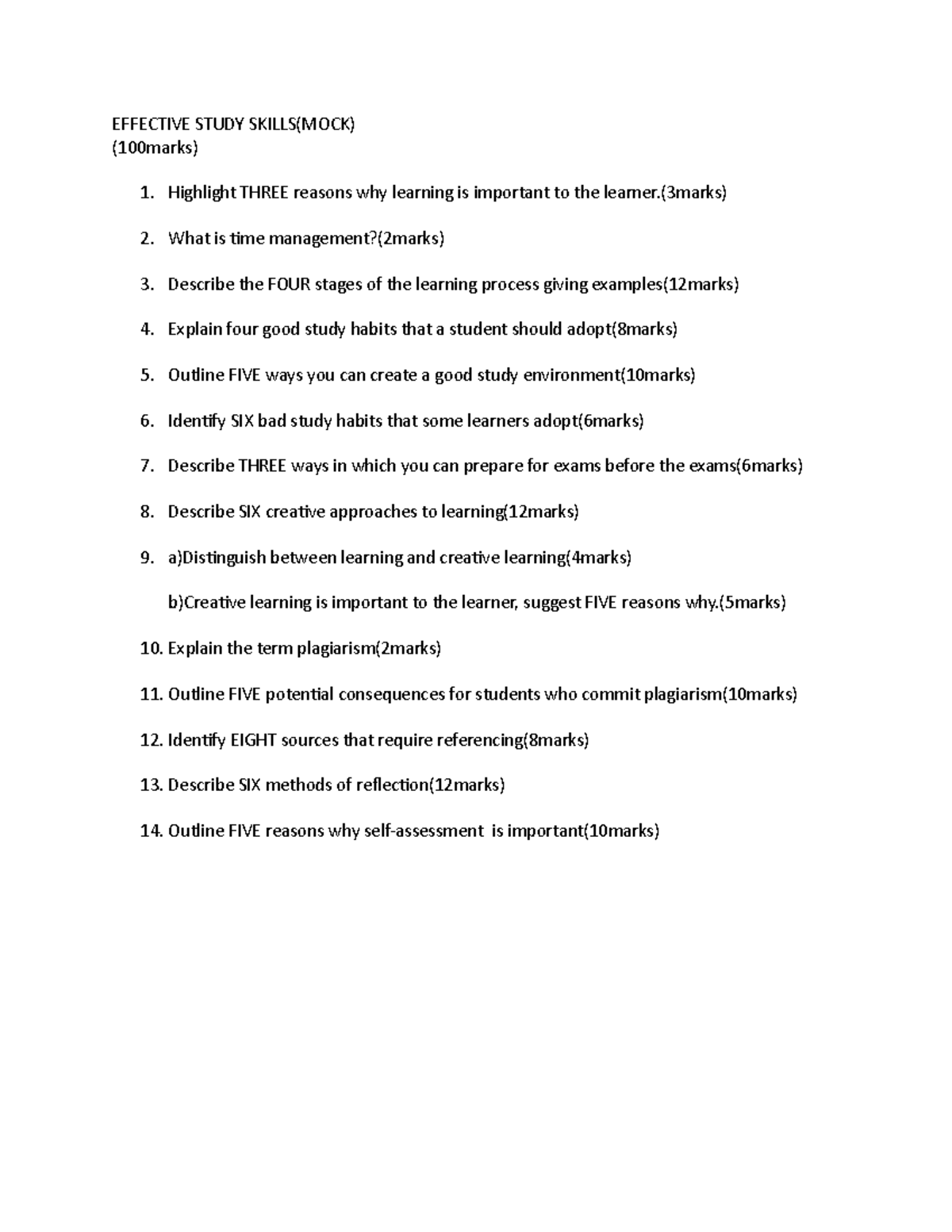 Effective Study Skills Revision Questions - EFFECTIVE STUDY SKILLS(MOCK ...