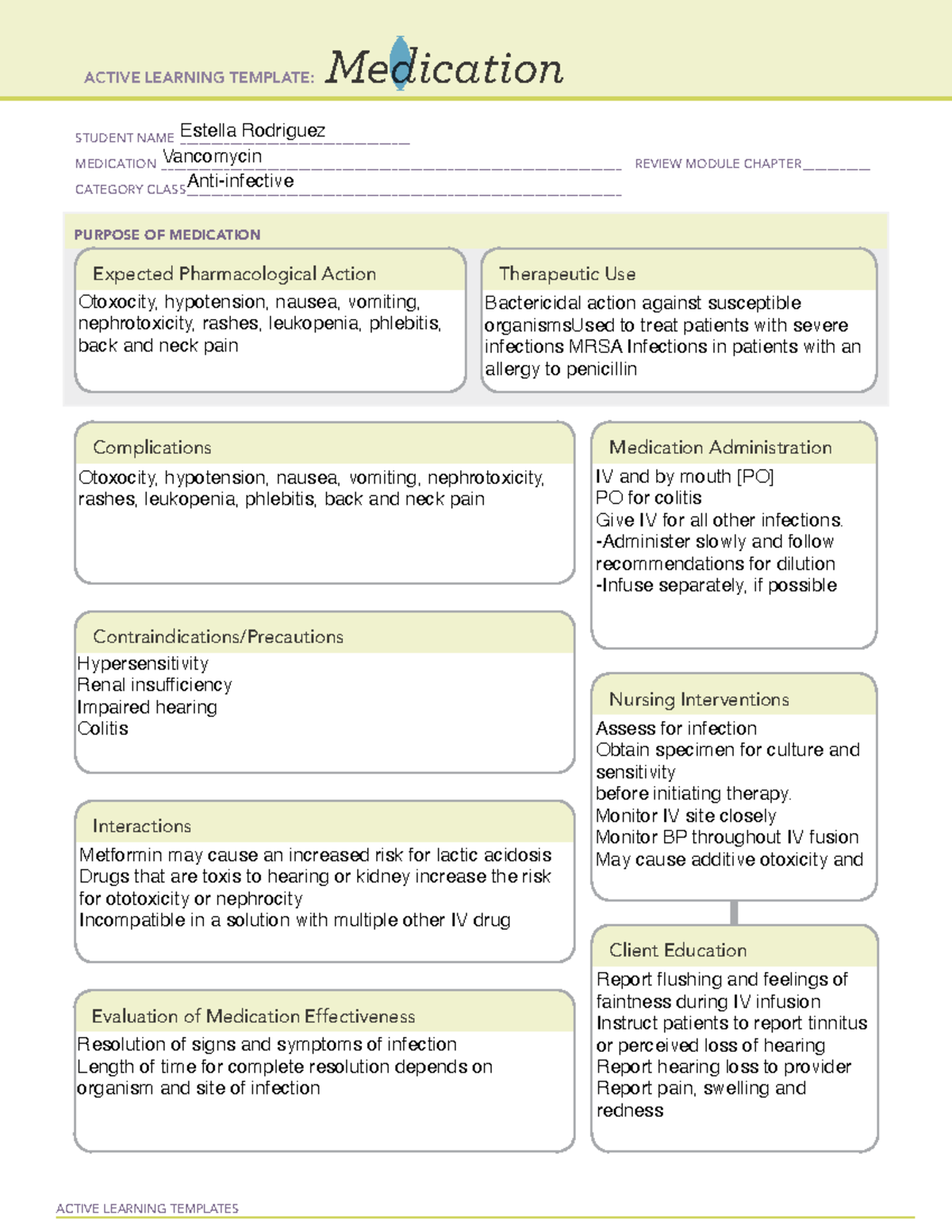 ATI Medication template wk 6 - ACTIVE LEARNING TEMPLATES Medication ...