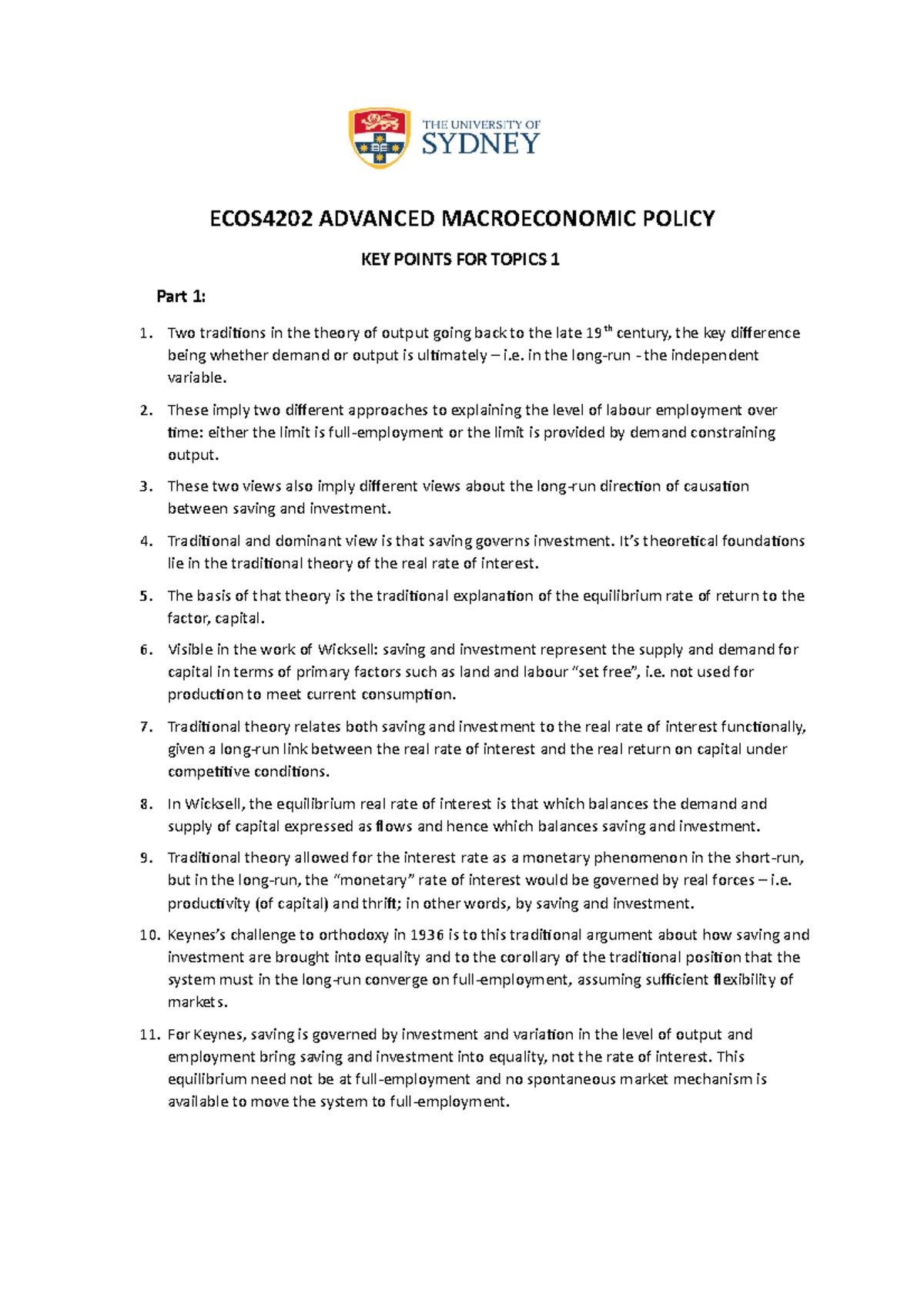 Topic 1 Summary points - N/A - ECOS4202 ADVANCED MACROECONOMIC POLICY KEY POINTS FOR TOPICS 1 ...
