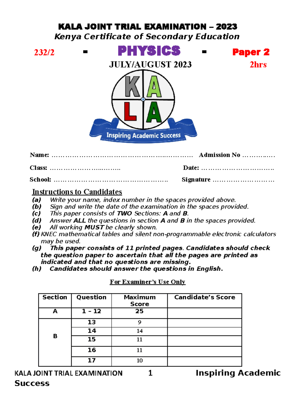 Physics P2 KALA Joint MOCK 2023 ( Coordinated) - KALA JOINT TRIAL EXAMINATION – 2023 Kenya - Studocu
