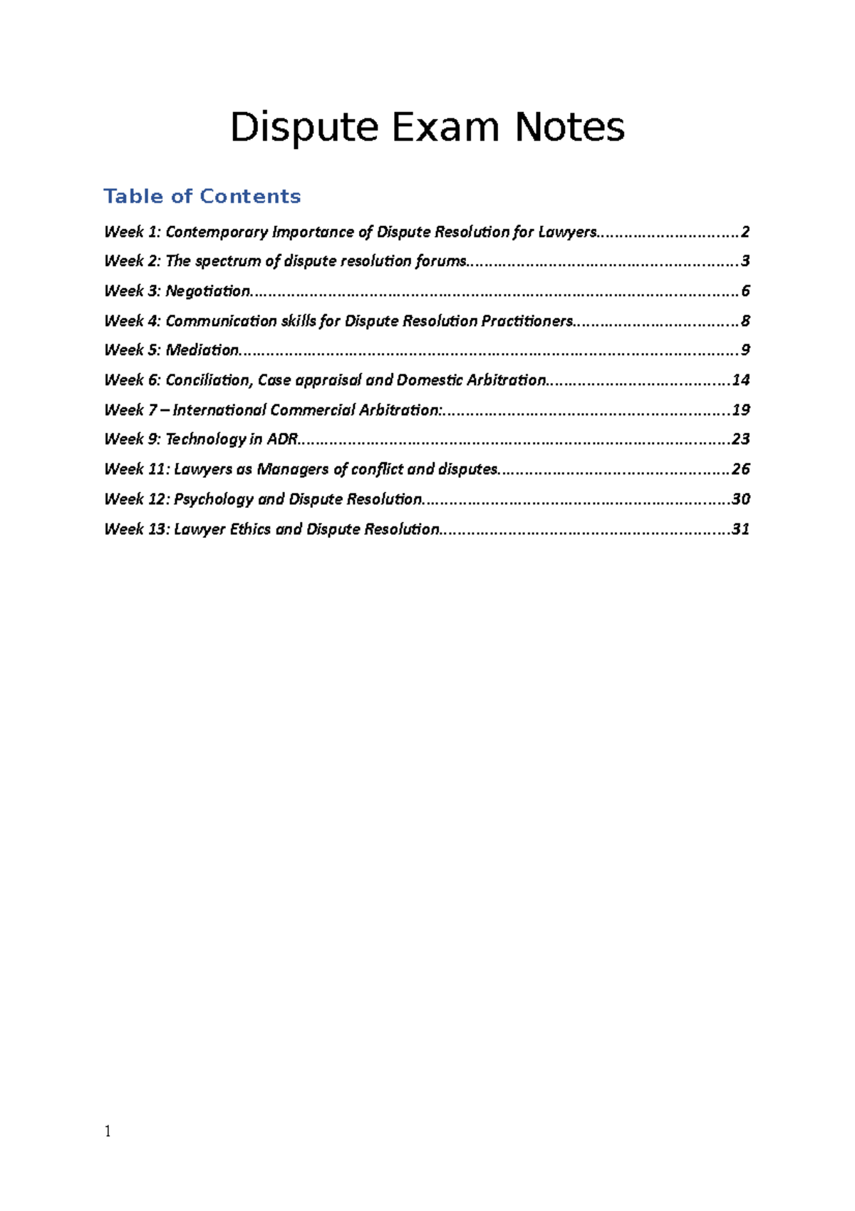 Dispute Resolution Lecture Notes - Dispute Exam Notes Table of Contents ...