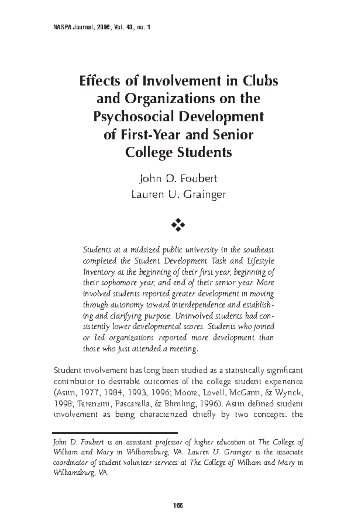 Effects of involvement - Foubert Lauren U. Grainger Students at a ...