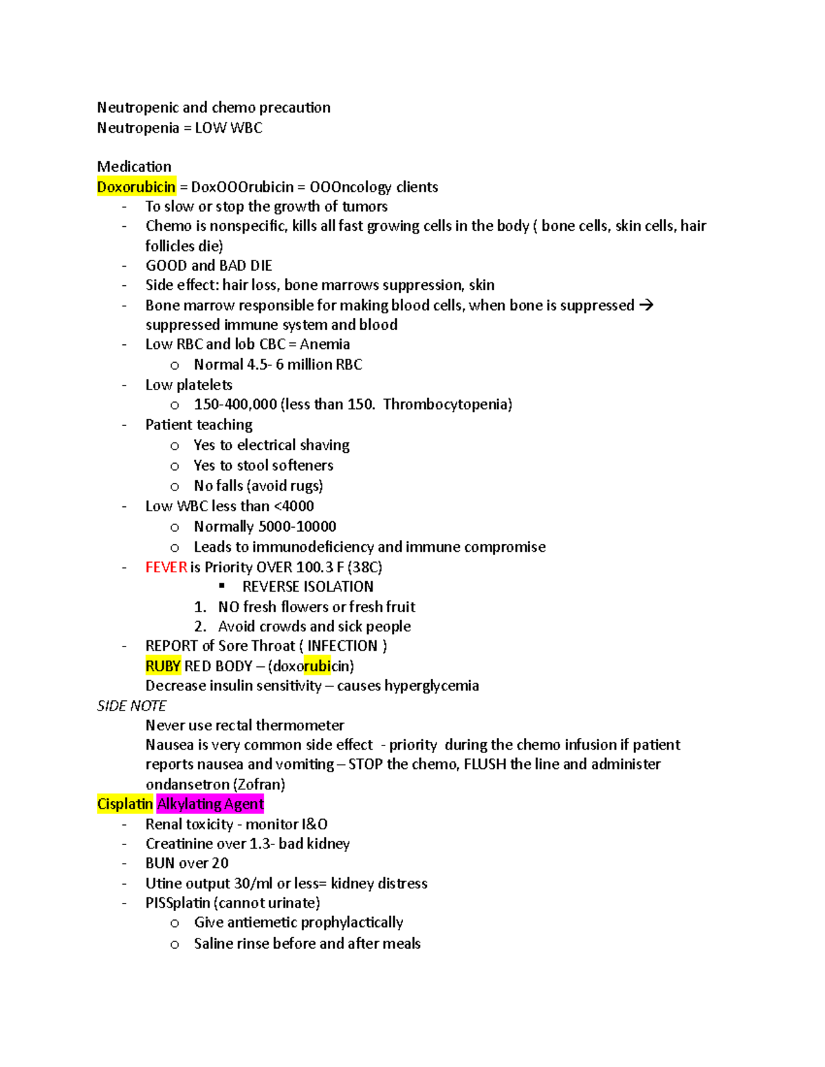Oncology notes for med surg - Neutropenic and chemo precaution ...