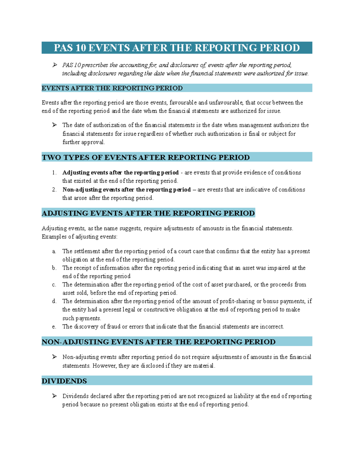 PAS 10 Events After THE Reporting Period - PAS 10 EVENTS AFTER THE ...