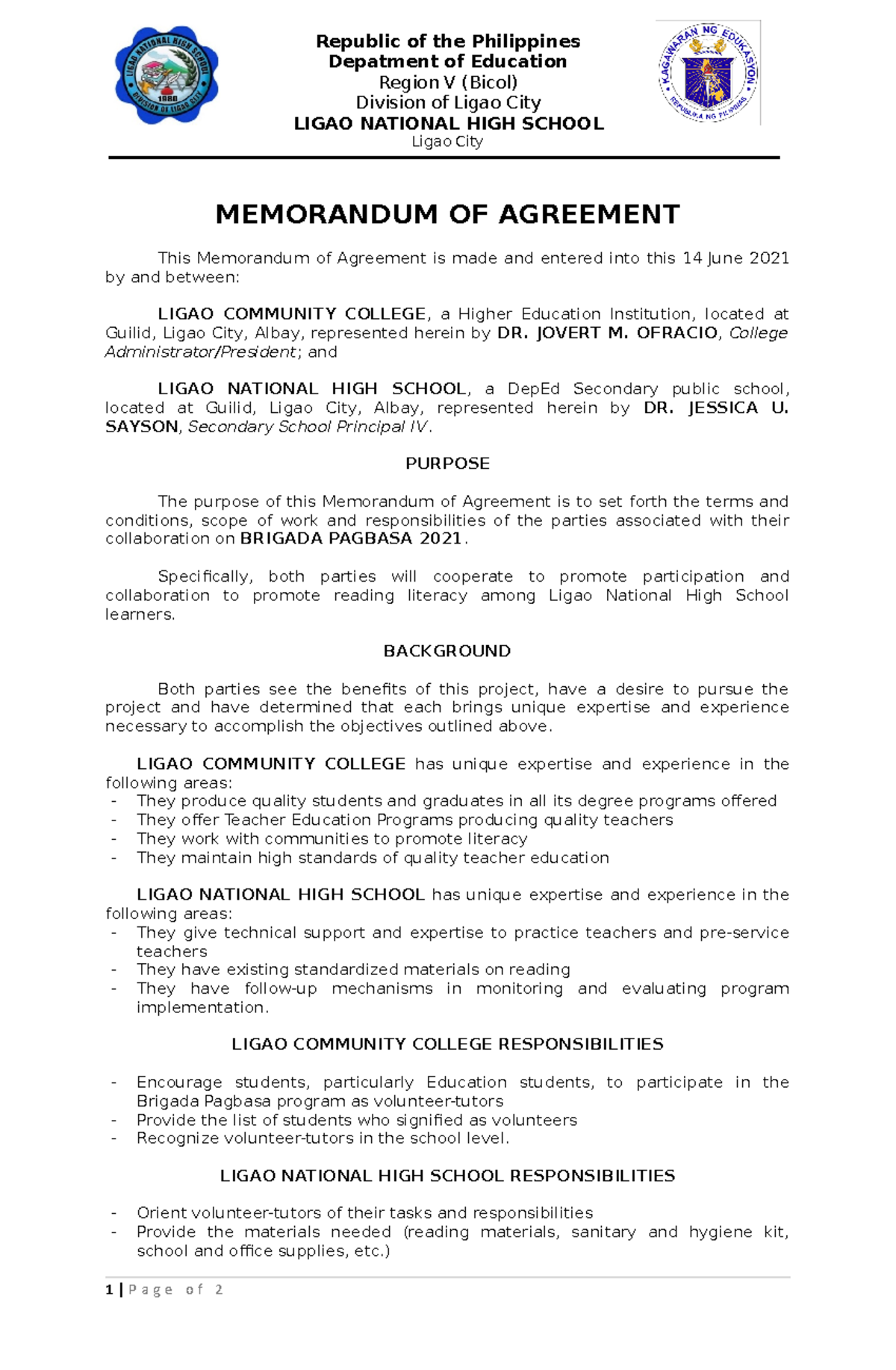 Memorandum OF Agreement - JOVERT M. OFRACIO, College Administrator ...