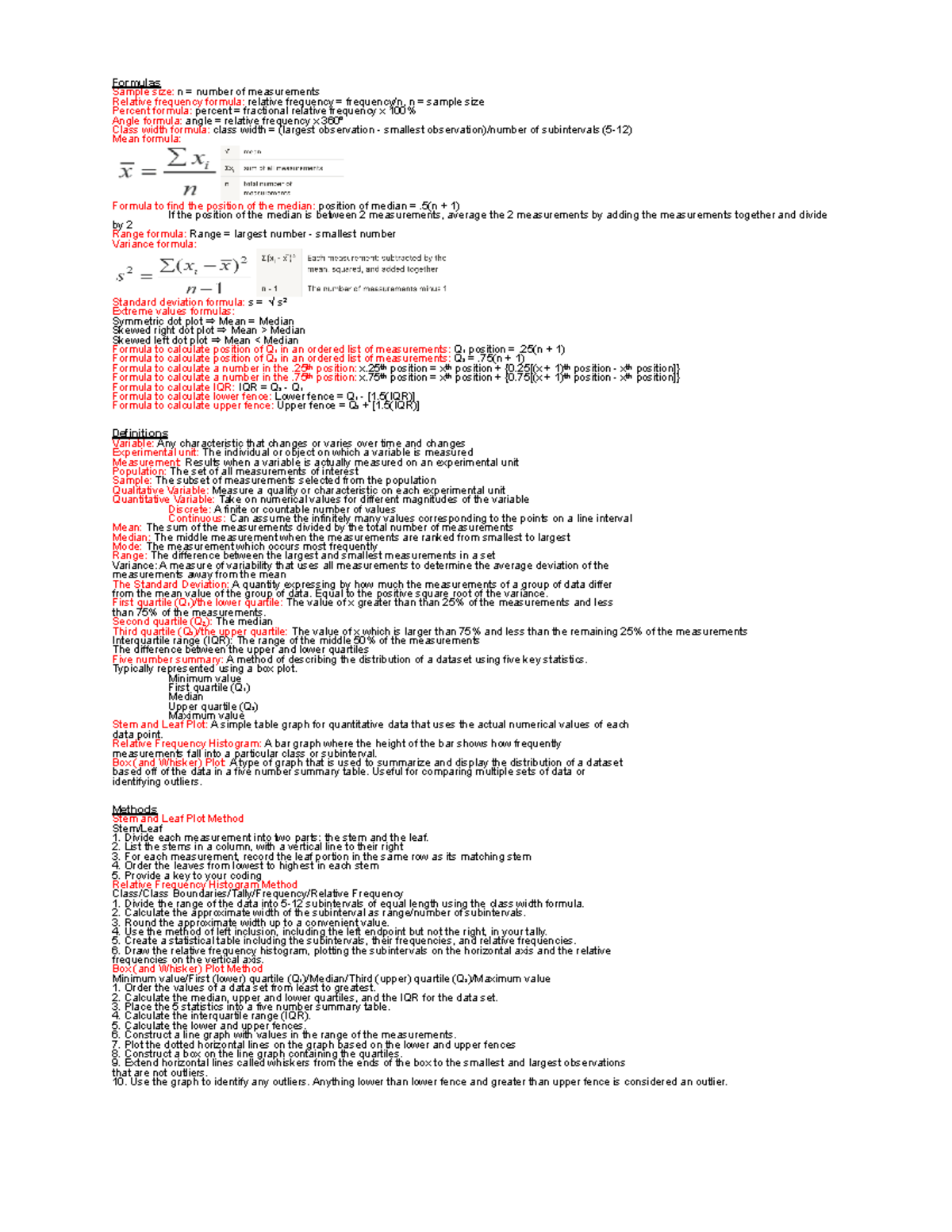 Quiz 1 Crib Sheet 3 - Formulas Sample size: n = number of measurements Relative frequency ...