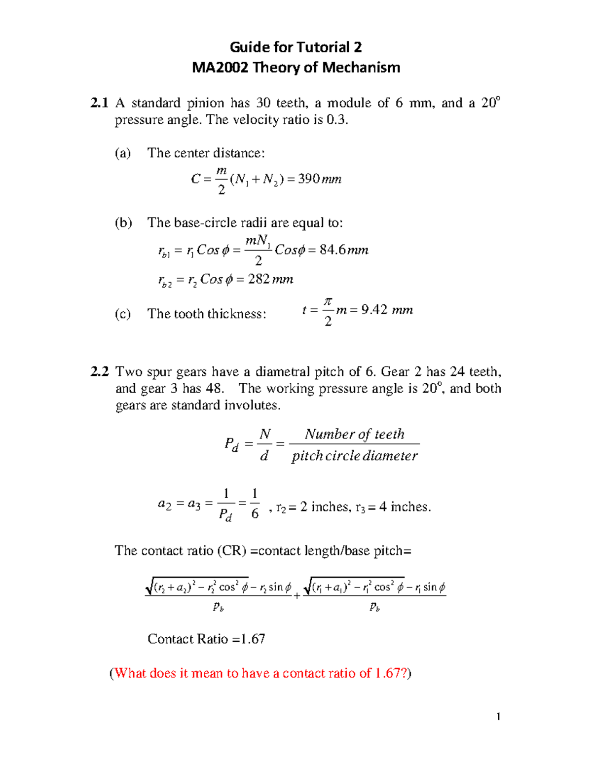 MA2002 T2 Guide - 1 Guide for Tutorial 2 MA2002 Theory of Mechanism 2 A standard pinion has 30 ...