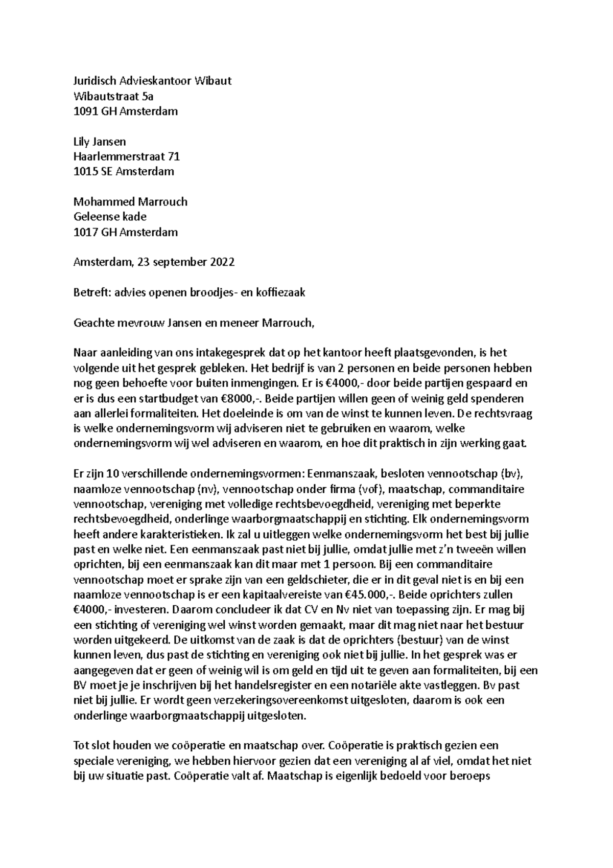 Adviesbrief - Juridisch Advieskantoor Wibaut Wibautstraat 5a 1091 GH ...